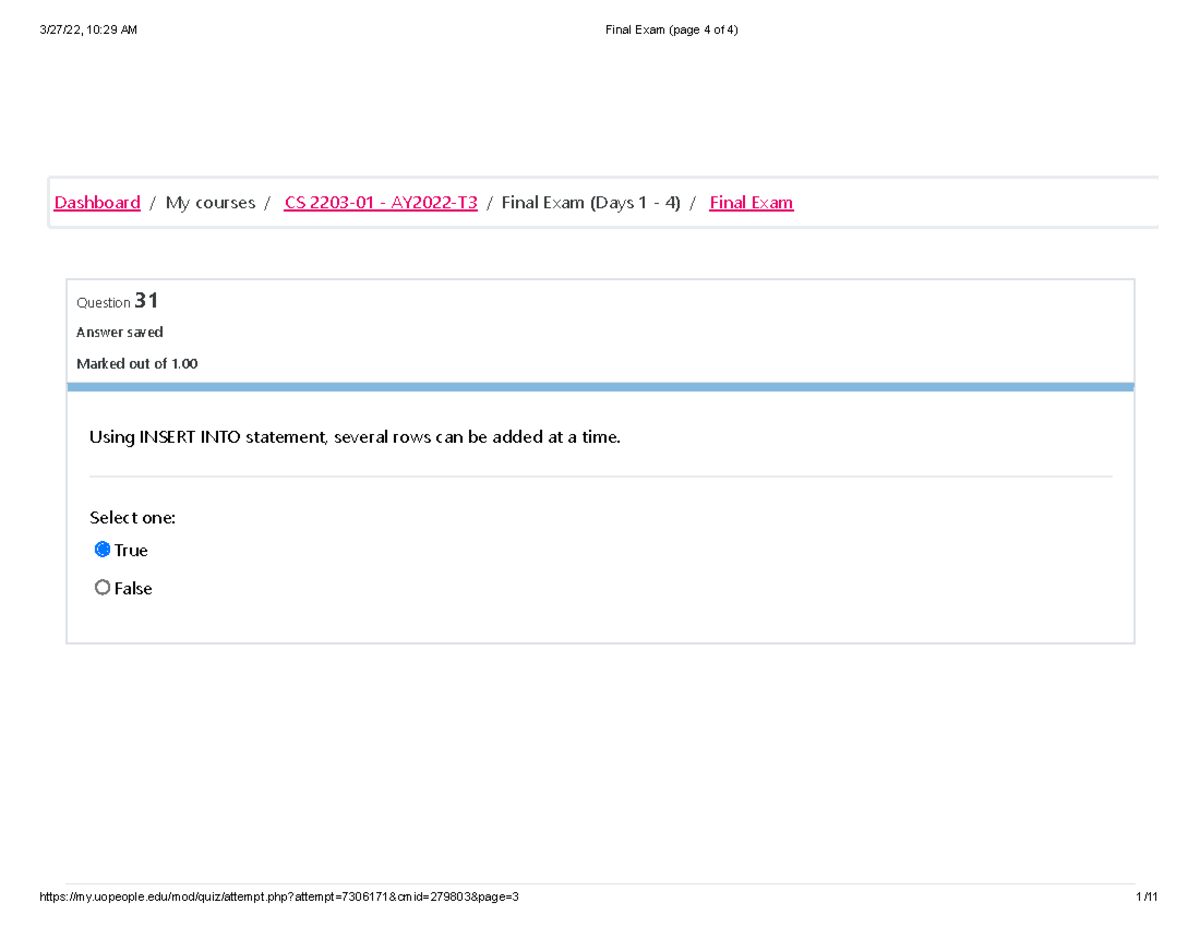 Final Exam (page 4 of 4) - CS2203 Databases1 - Question 31 Answer saved Marked out of 1. Using ...