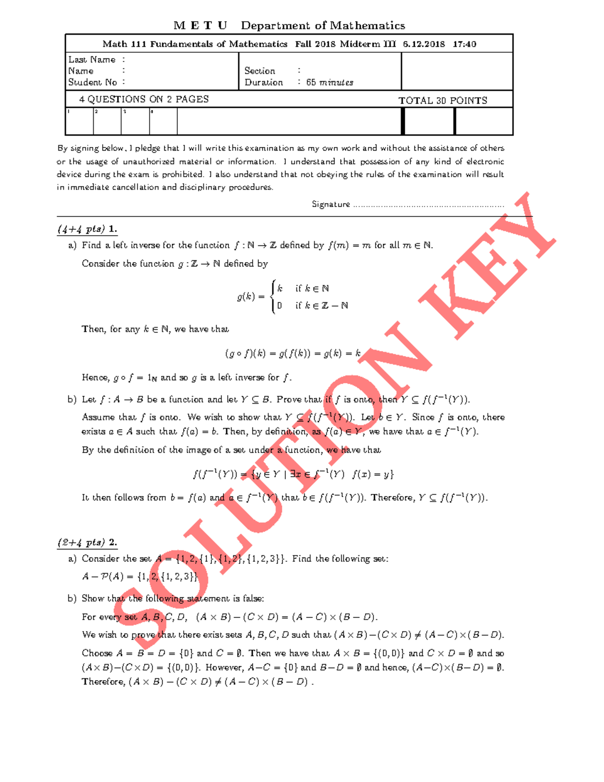 Past Midterm Exam - SOLUTION KEY Section Duration : : : : : Last Name ...