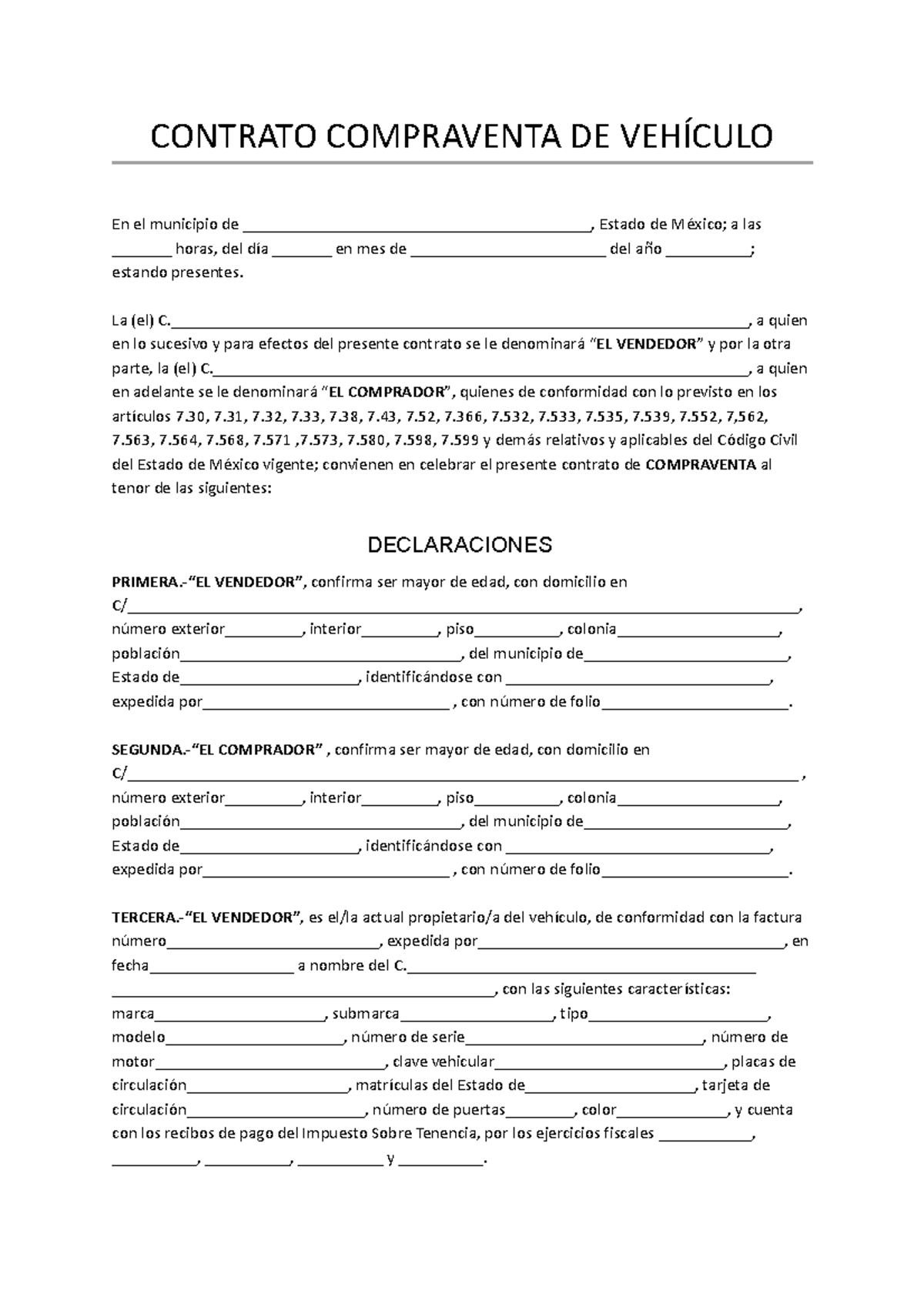 Formato compraventa de auto - CONTRATO COMPRAVENTA DE VEHÍCULO En el ...