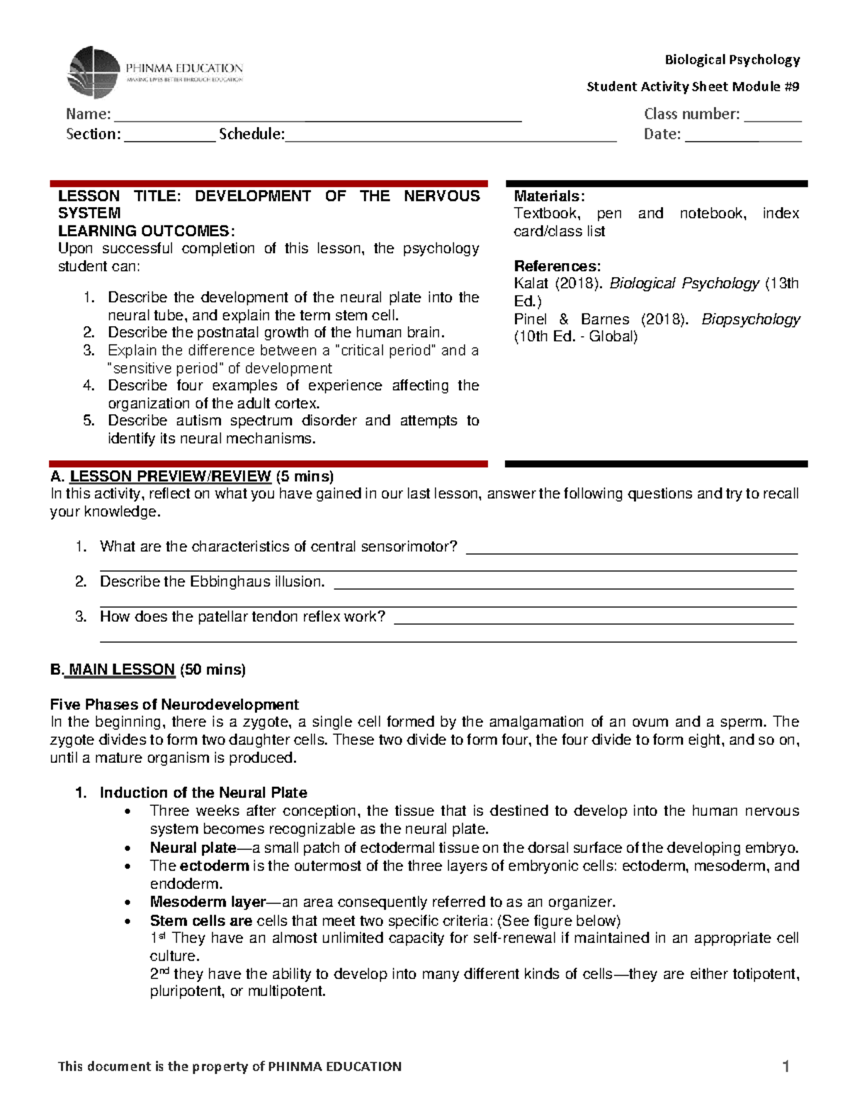 SAS Module 9 Development OF THE Nervous System - Student Activity Sheet Module # Name: - Studocu