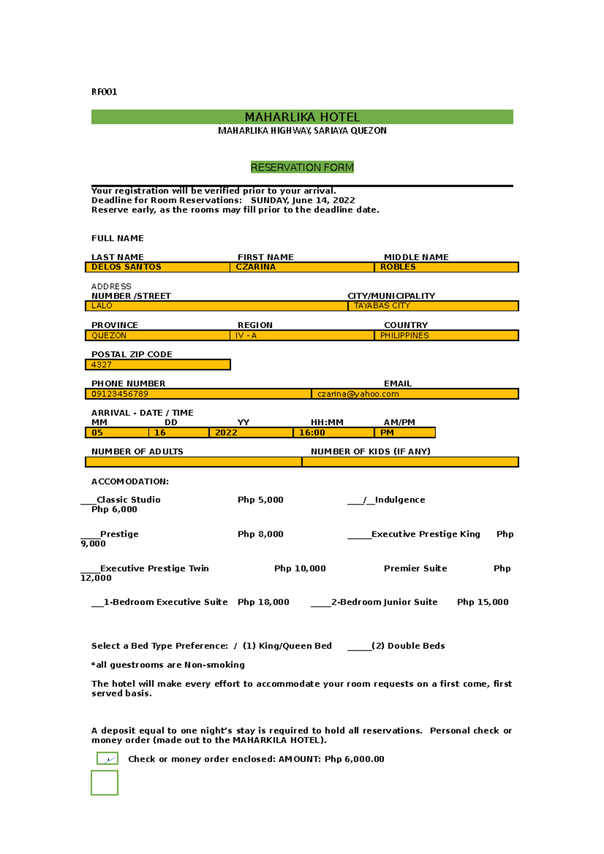 Reservation FORM Salayong - RF MAHARLIKA HOTEL MAHARLIKA HIGHWAY ...