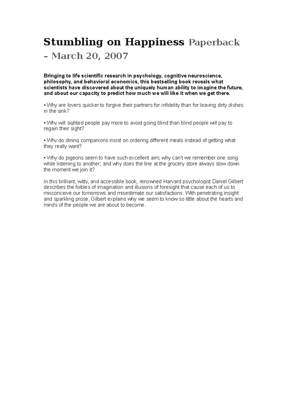 Stumbling on Happiness Paperback - Stumbling on Happiness Paperback ...