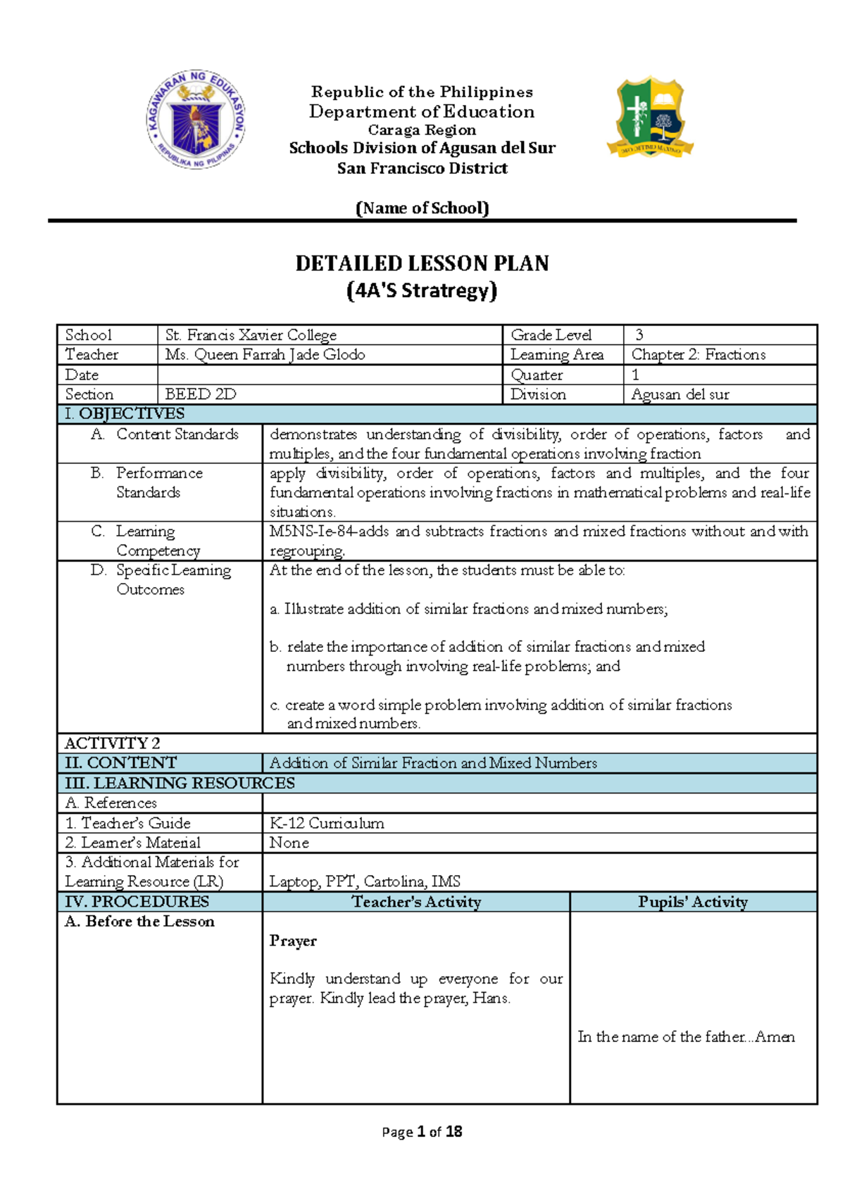 Revised MATH 1 LP Group 8 - Republic of the Philippines Department of Education Caraga Region ...
