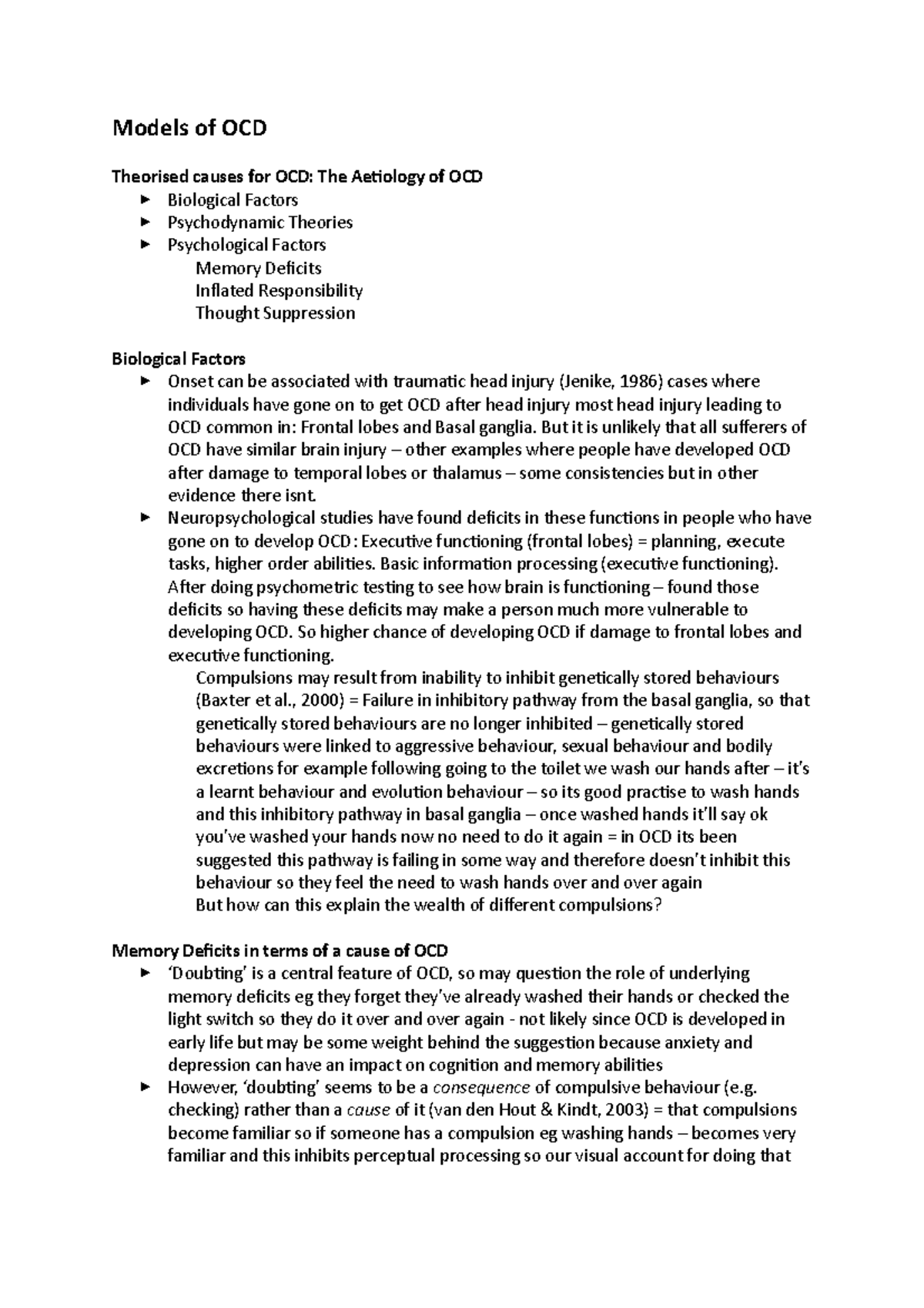 Models of OCD - Lecture notes 4 - Models of OCD Theorised causes for ...