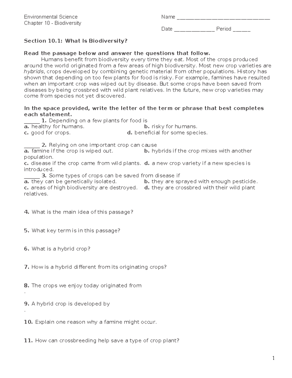 Es chapter 10 active reading 2 - Environmental Science Name