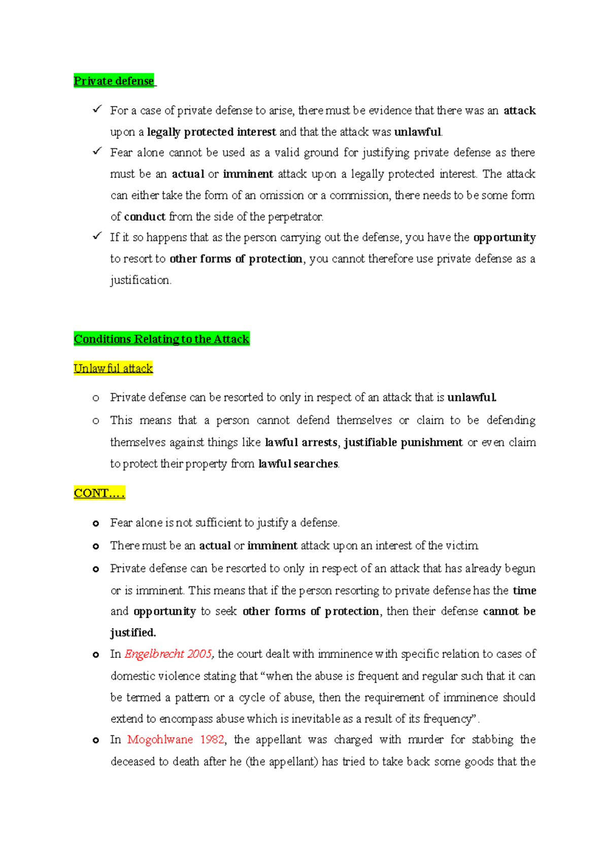 Private Defense Notes - Private defense For a case of private defense ...