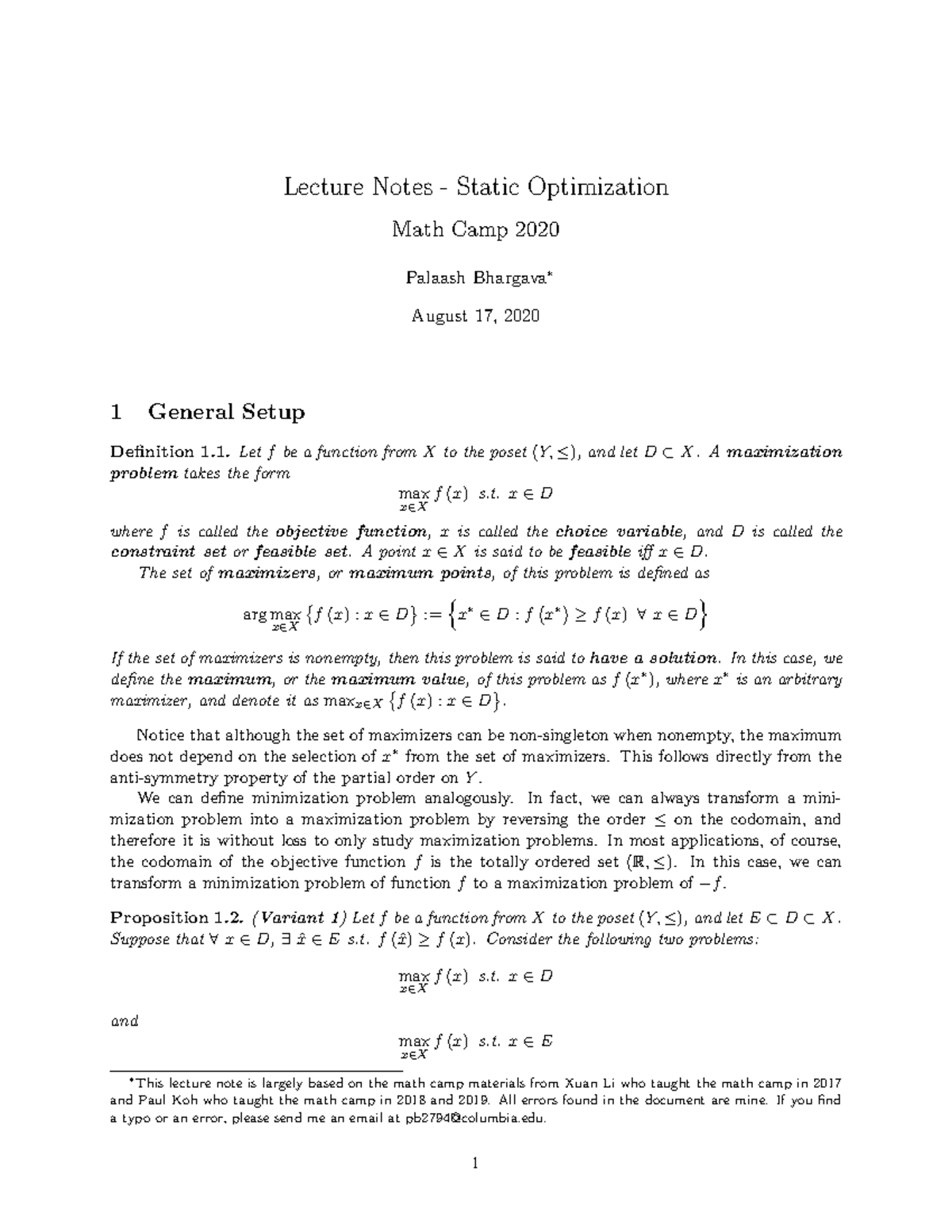 Static Optimisation 2020 - Lecture Notes - Static Optimization Math ...