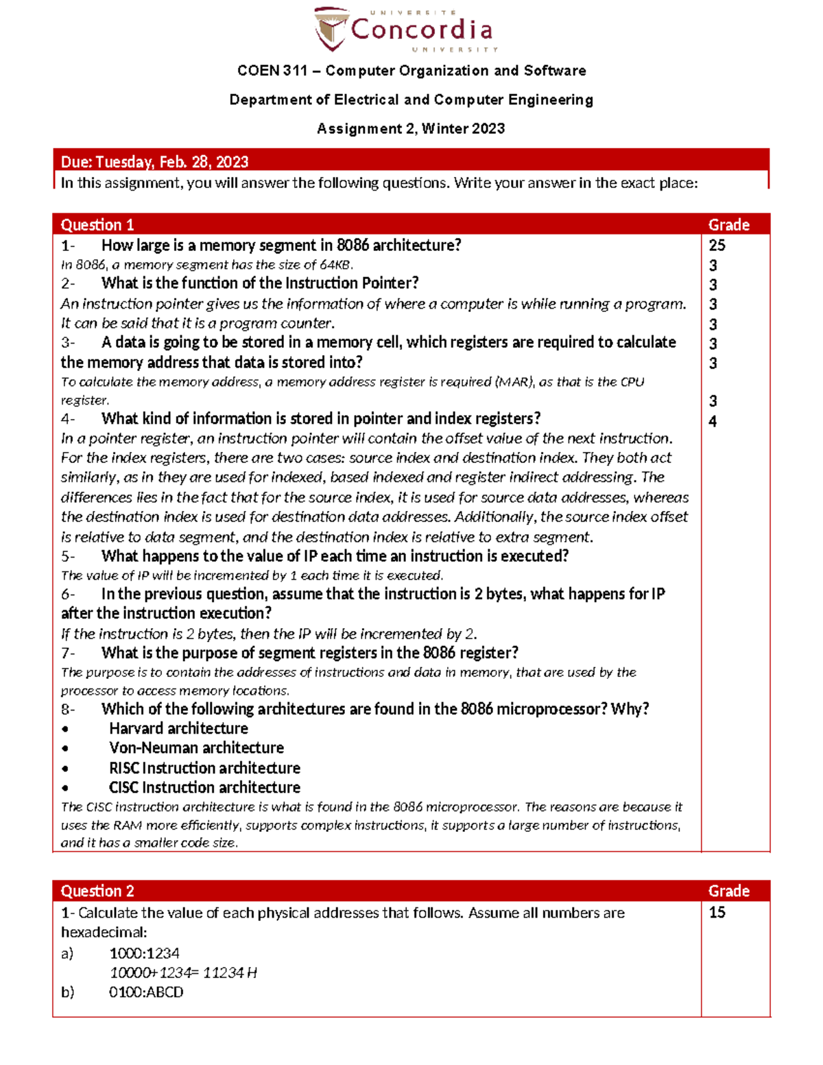 Assignment 2 winter 2023 - COEN 311 – Computer Organization and Software Department of ...