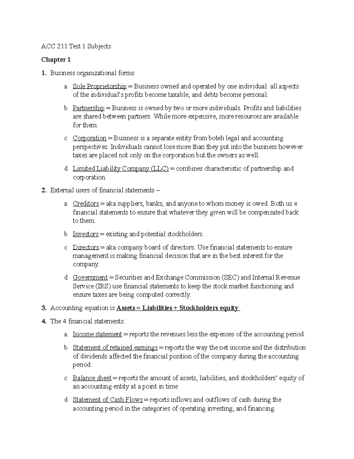 Test1Review Acc - Test review for chapter 1-3 in the book fundamentals ...