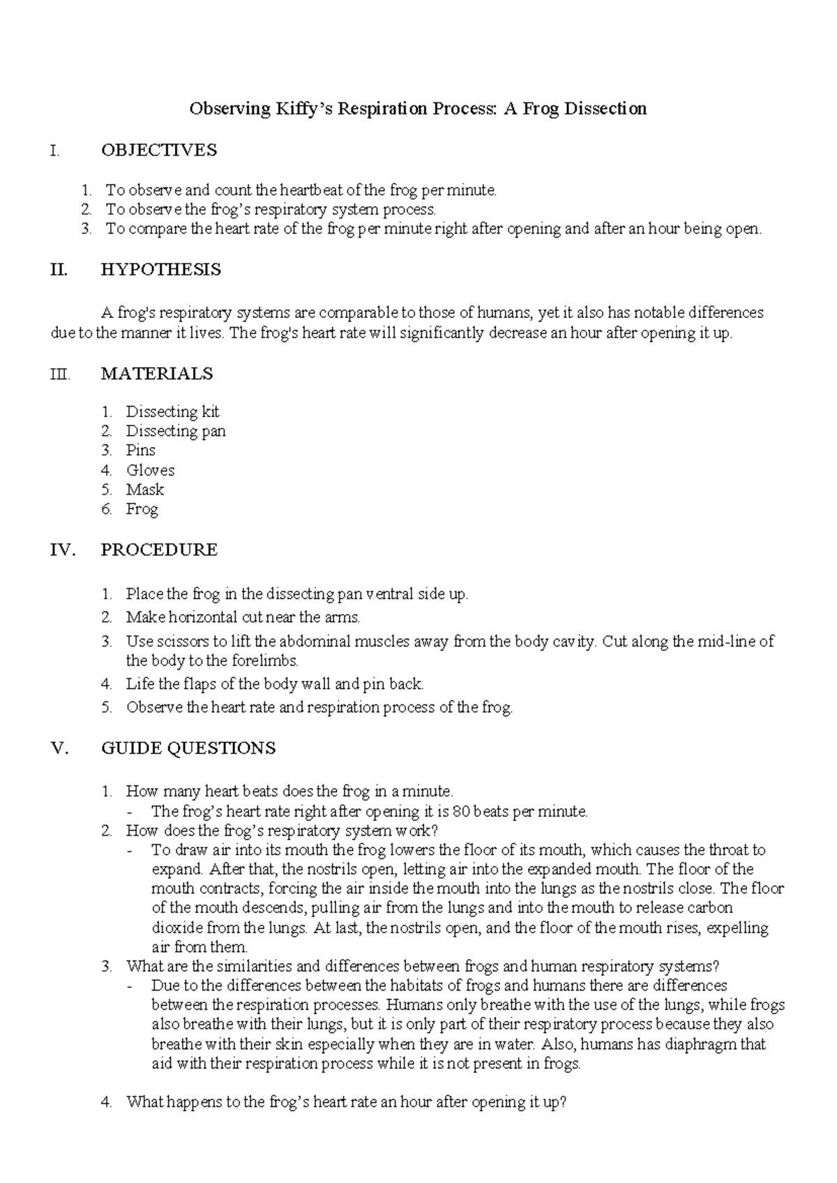 Sample Laboratory Report - Observing Kiffy’s Respiration Process: A ...