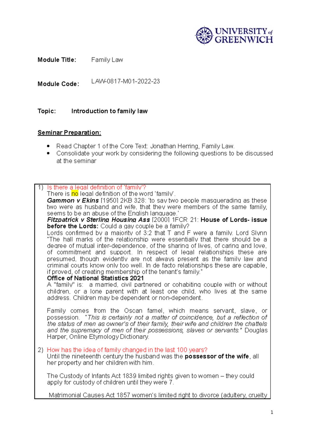 Seminar 1- Intro to family law module - Module Title: Family Law Module ...