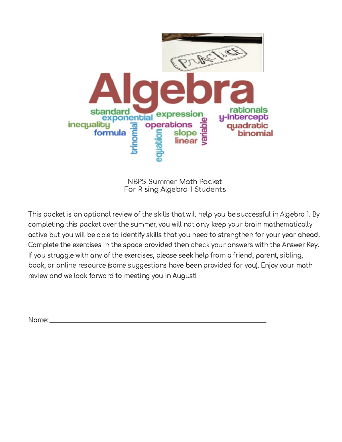 Rising Algebra 1 - Summer Packet NBPS - For Rising Algebra 1 ...