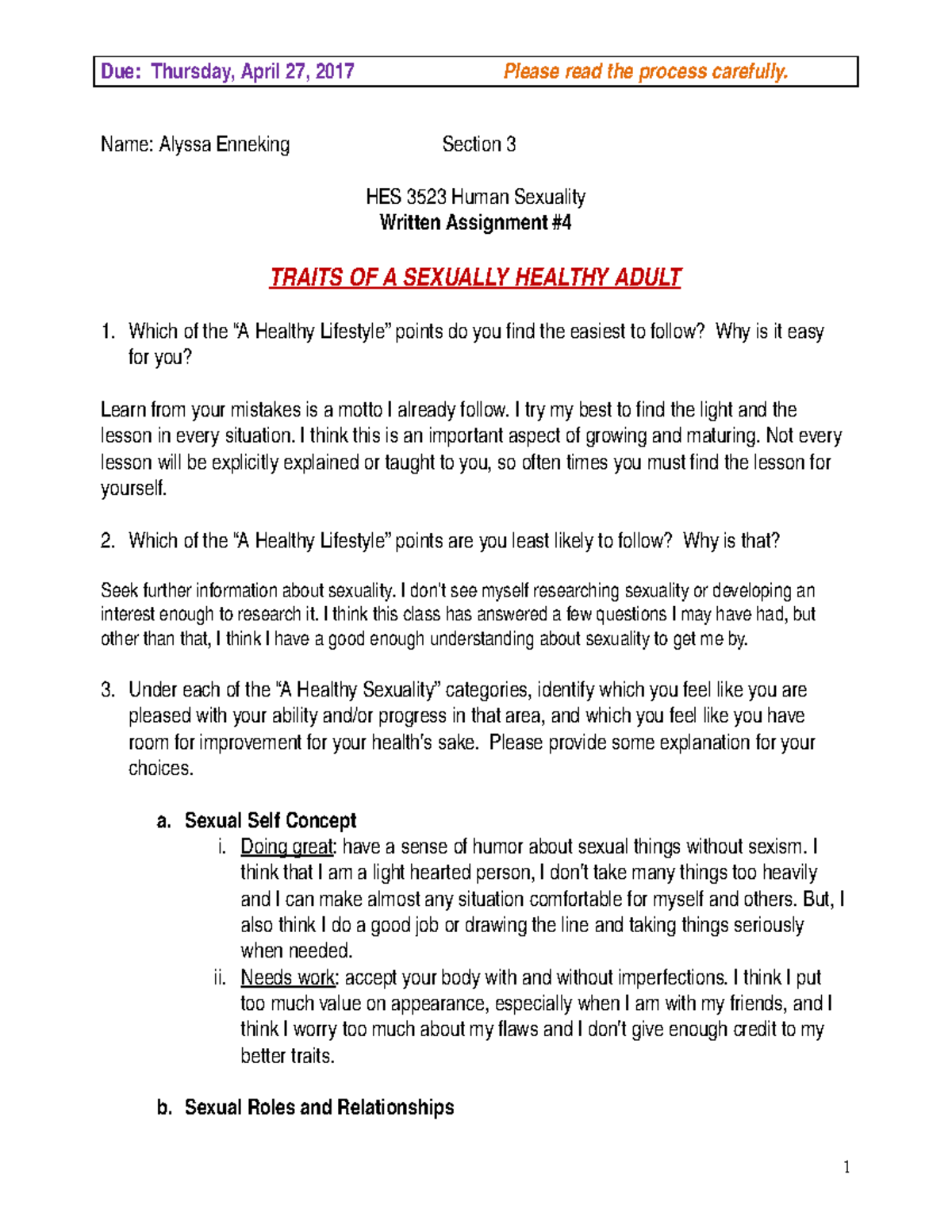 Written Assg 4 Traits Of A Sexually Healthy Adult Due Thursday April 27 2017 Please Read