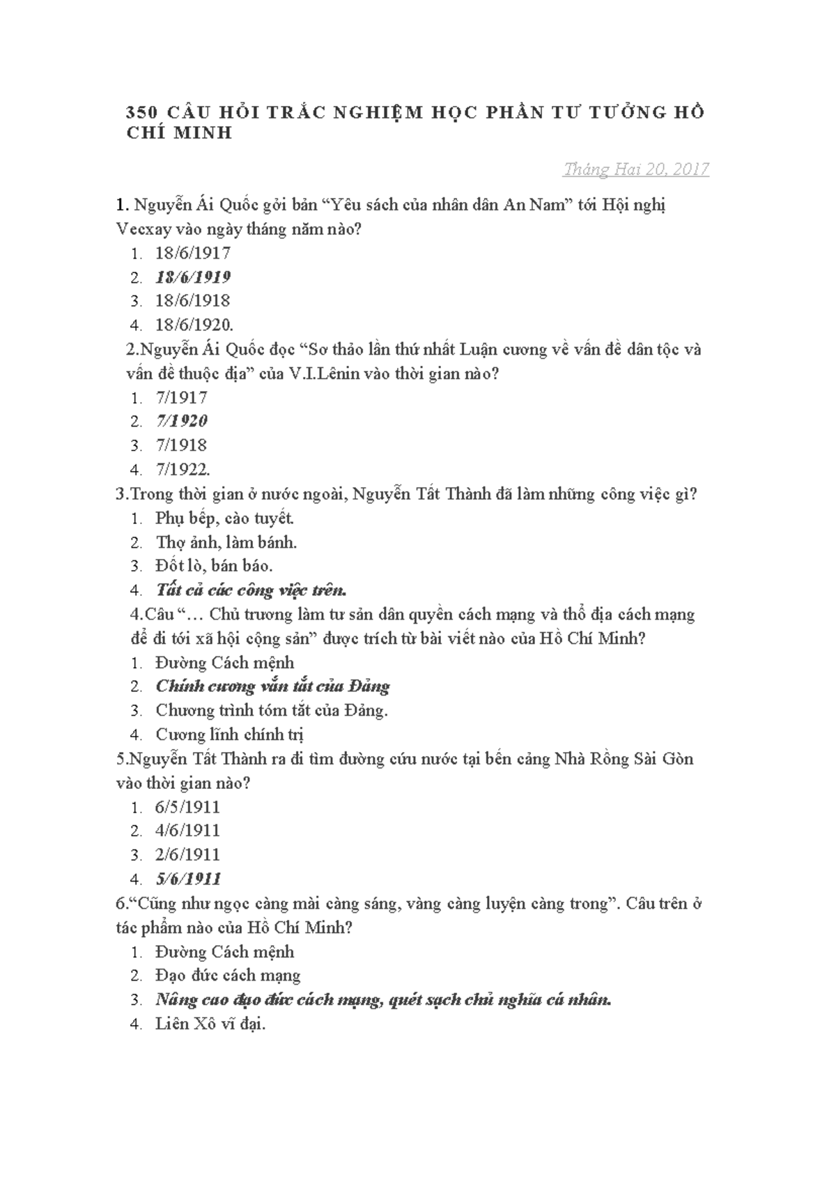 350 CÂU HỎI TRẮC NGHIỆM HỌC PHẦN TƯ TƯỞNG - 3 5 0 C Â U H Ỏ I T R Ắ C N G H I Ệ M H Ọ C P H Ầ N ...