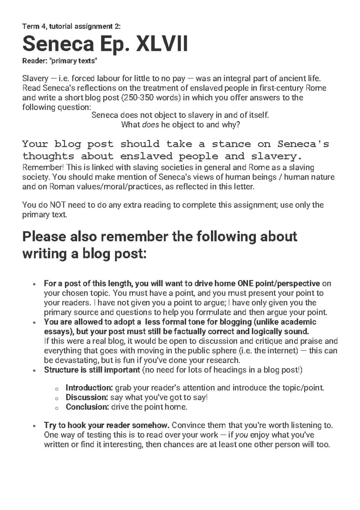 Tut 2. Seneca Assig Brief - Term 4, tutorial assignment 2: Seneca Ep ...