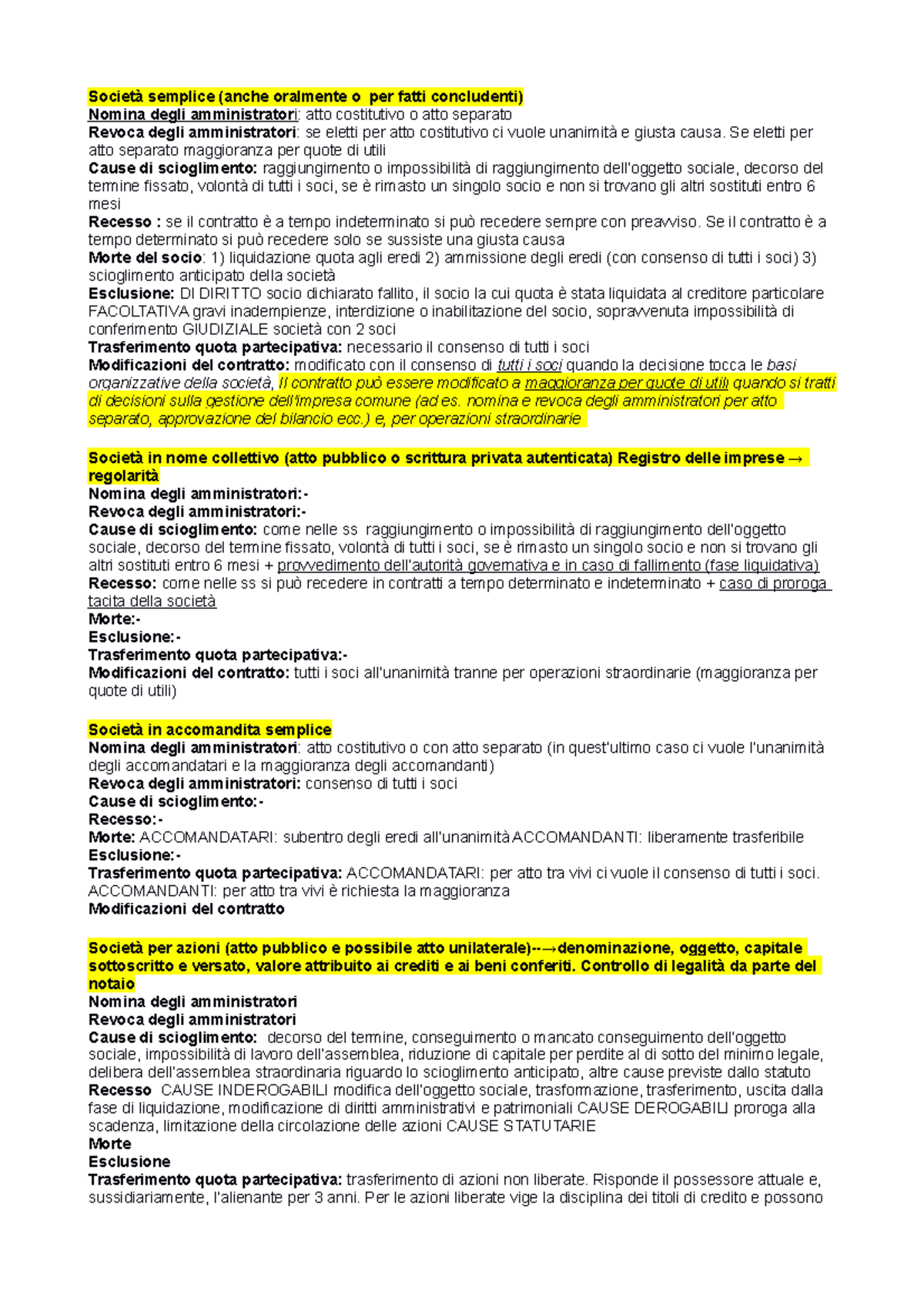 Appunti società - Società semplice (anche oralmente o per fatti ...