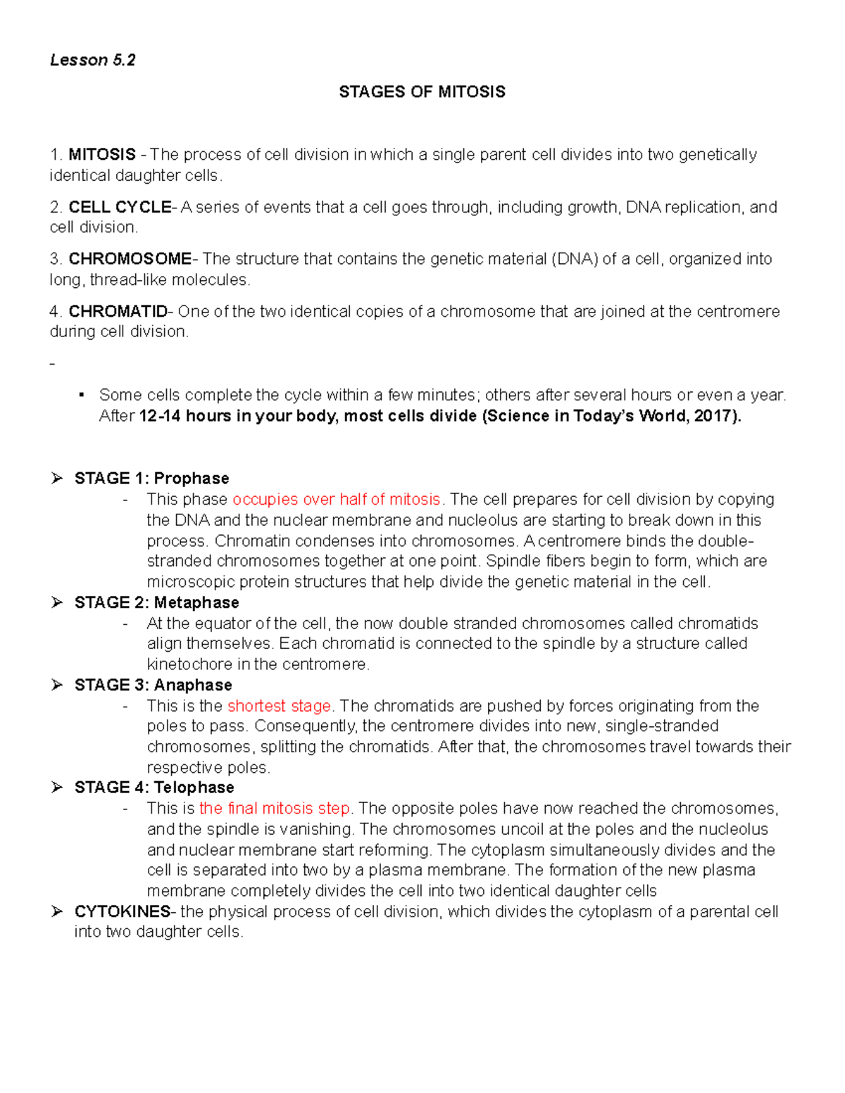 Lesson 5- Stages OF Mitosis - Lesson 5. 2 STAGES OF MITOSIS MITOSIS ...