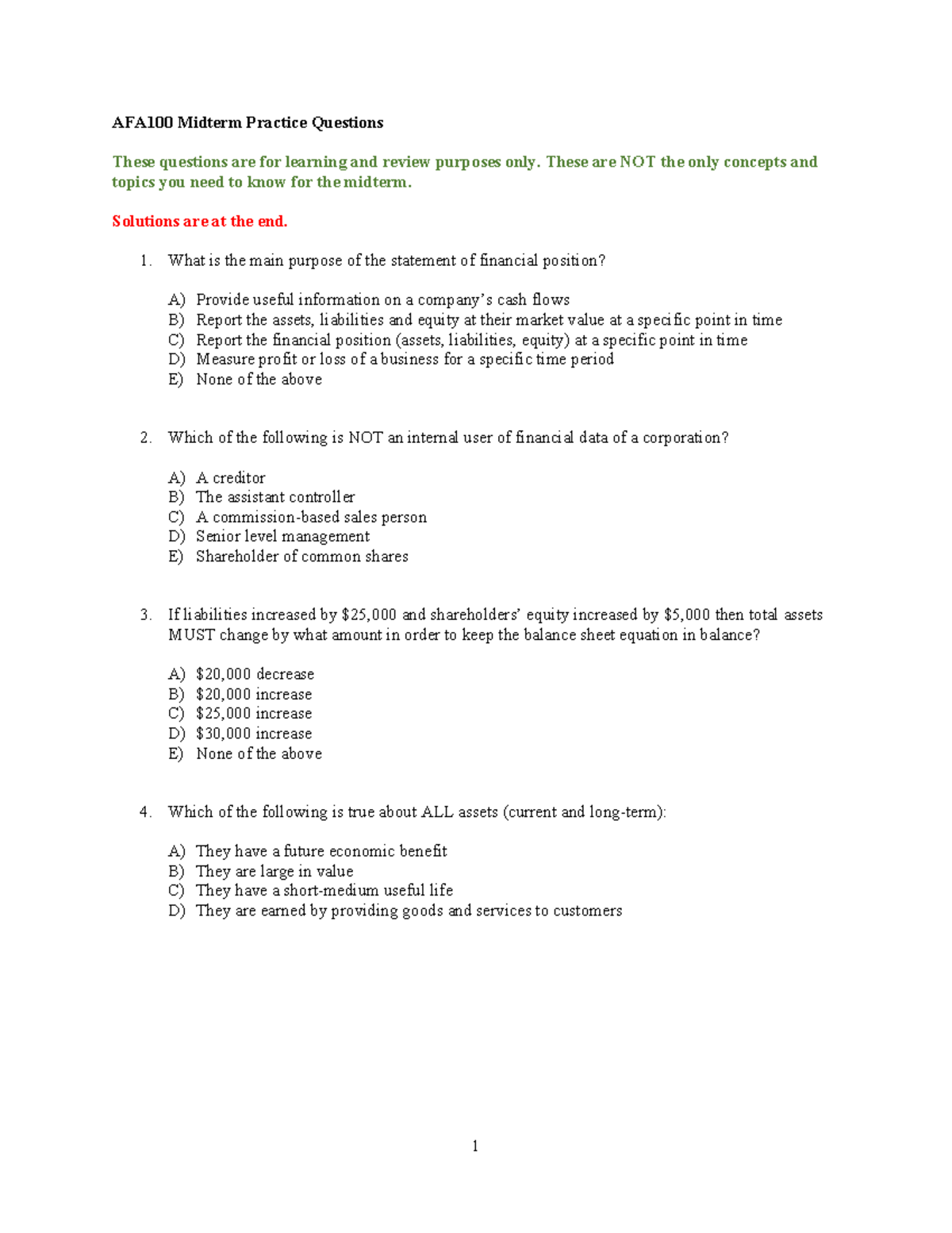 AFA100 Midterm Practice Questions - These are NOT the only concepts and topics you need to know ...