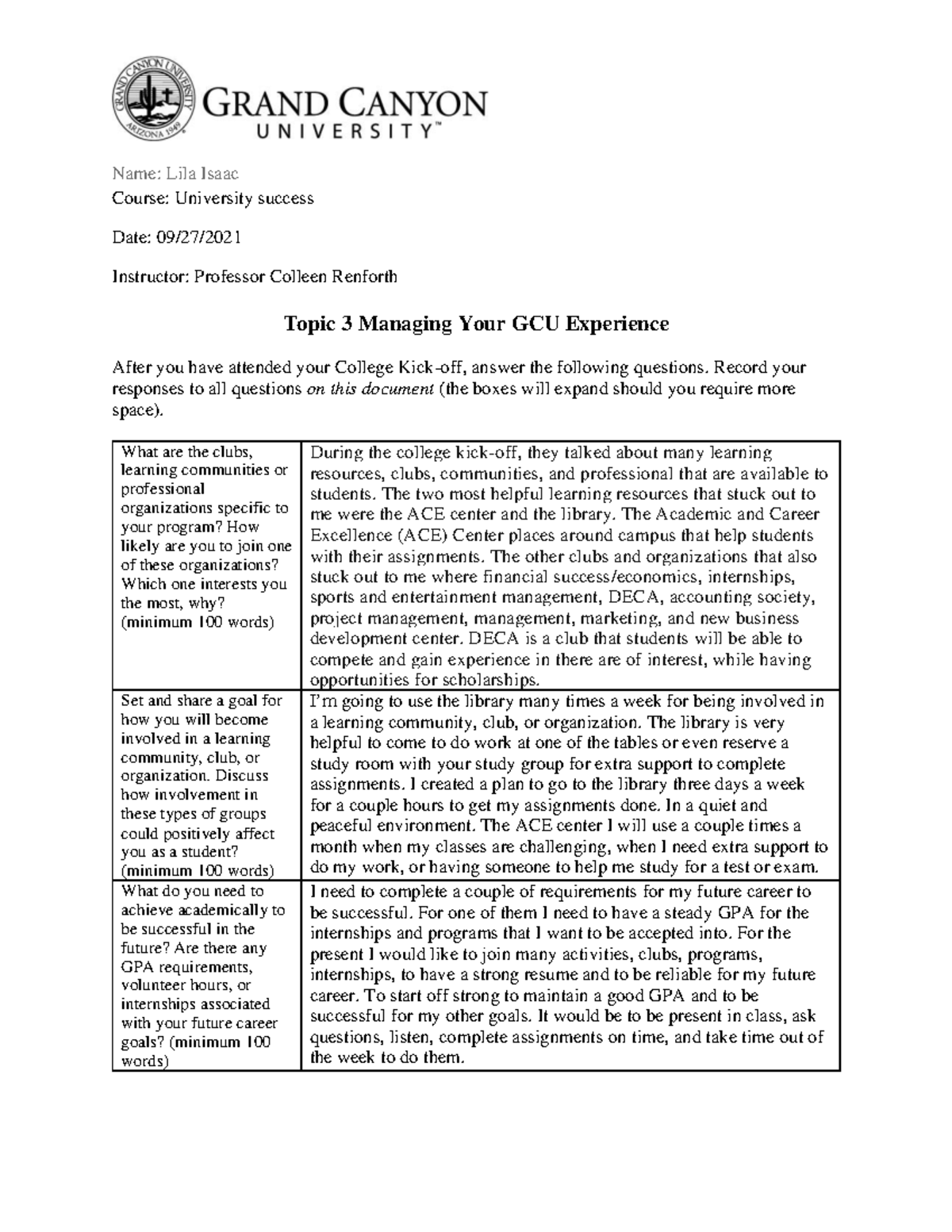 Managing your GCU experience - Lila Isaac - Name: Lila Isaac Course ...