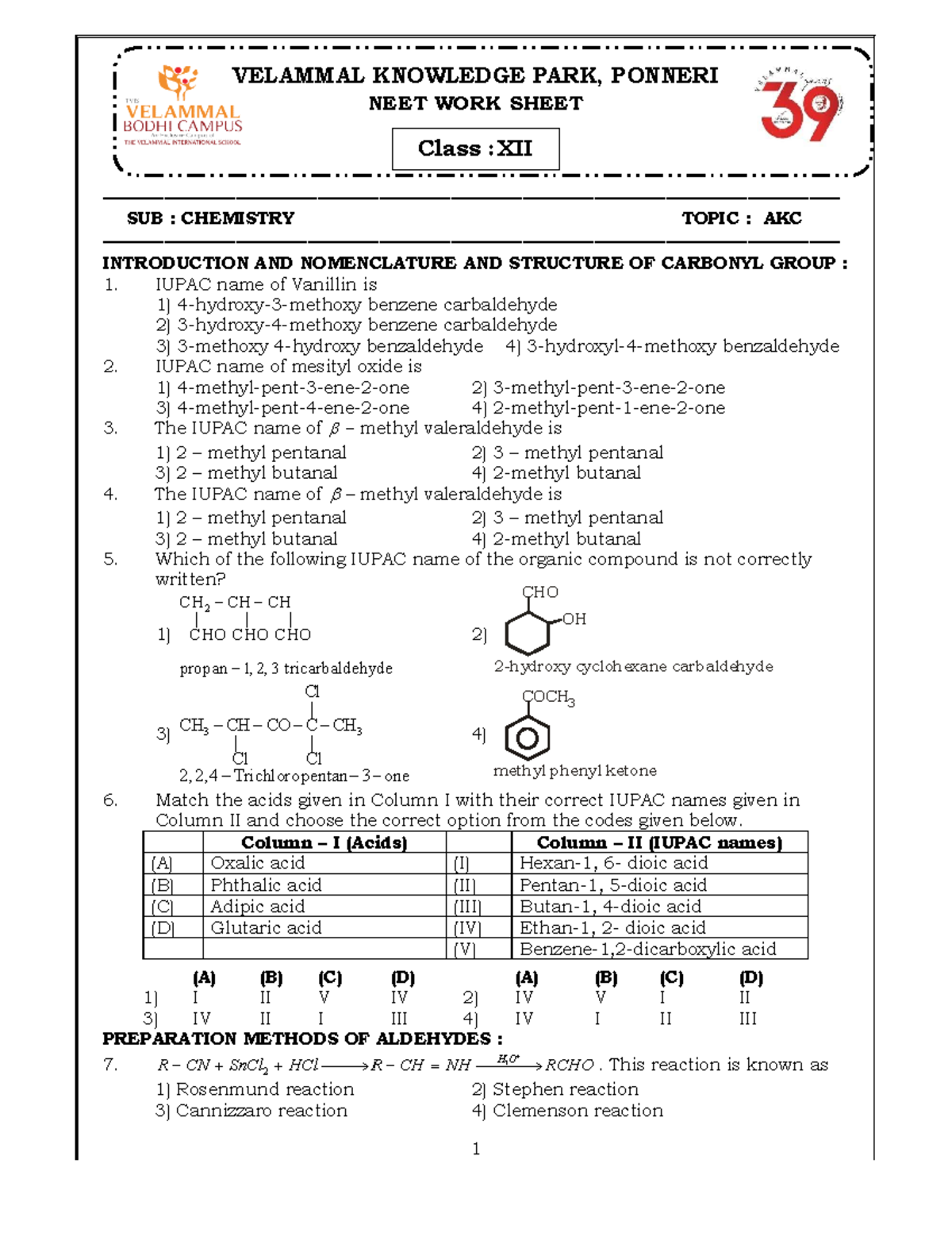 19. AKC - Chemistry - NEET Work Sheet - VELAMMAL KNOWLEDGE PARK ...