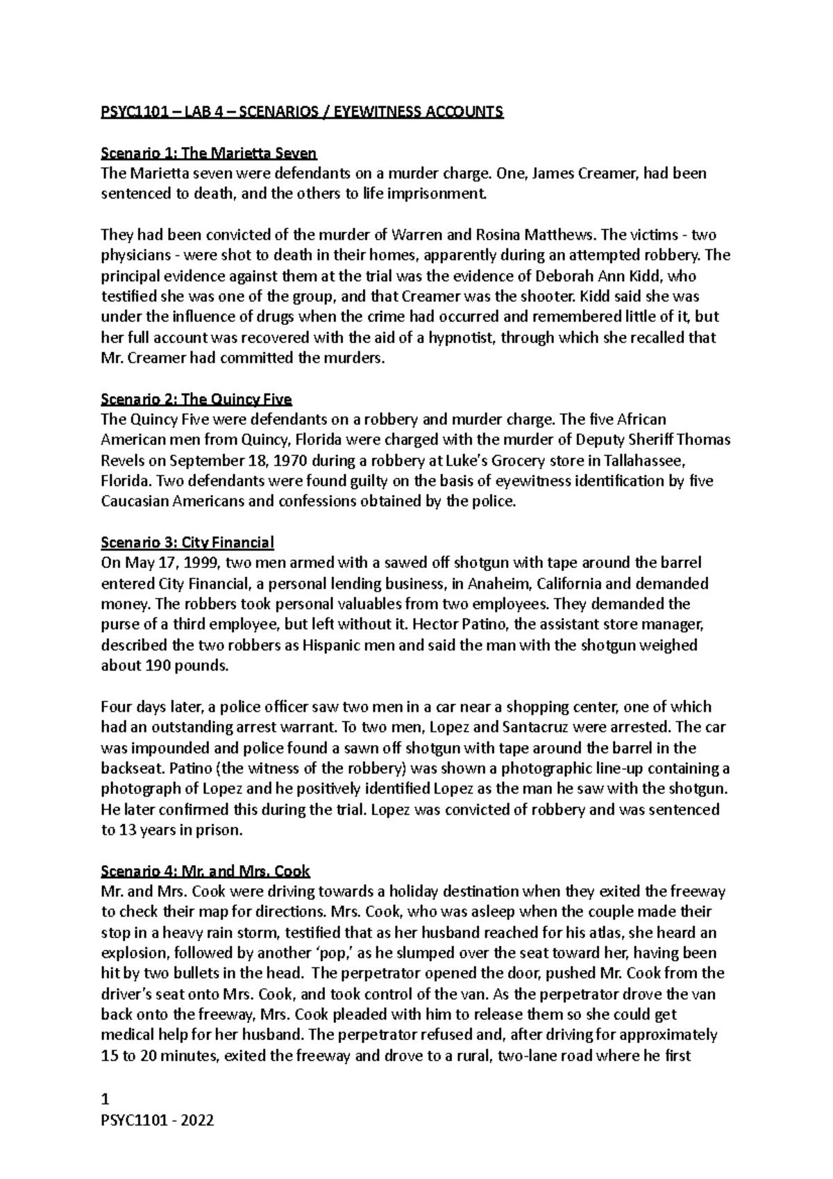 Lab4-Eyewitness Scenarios-Part1 - PSYC1101 – LAB 4 – SCENARIOS ...