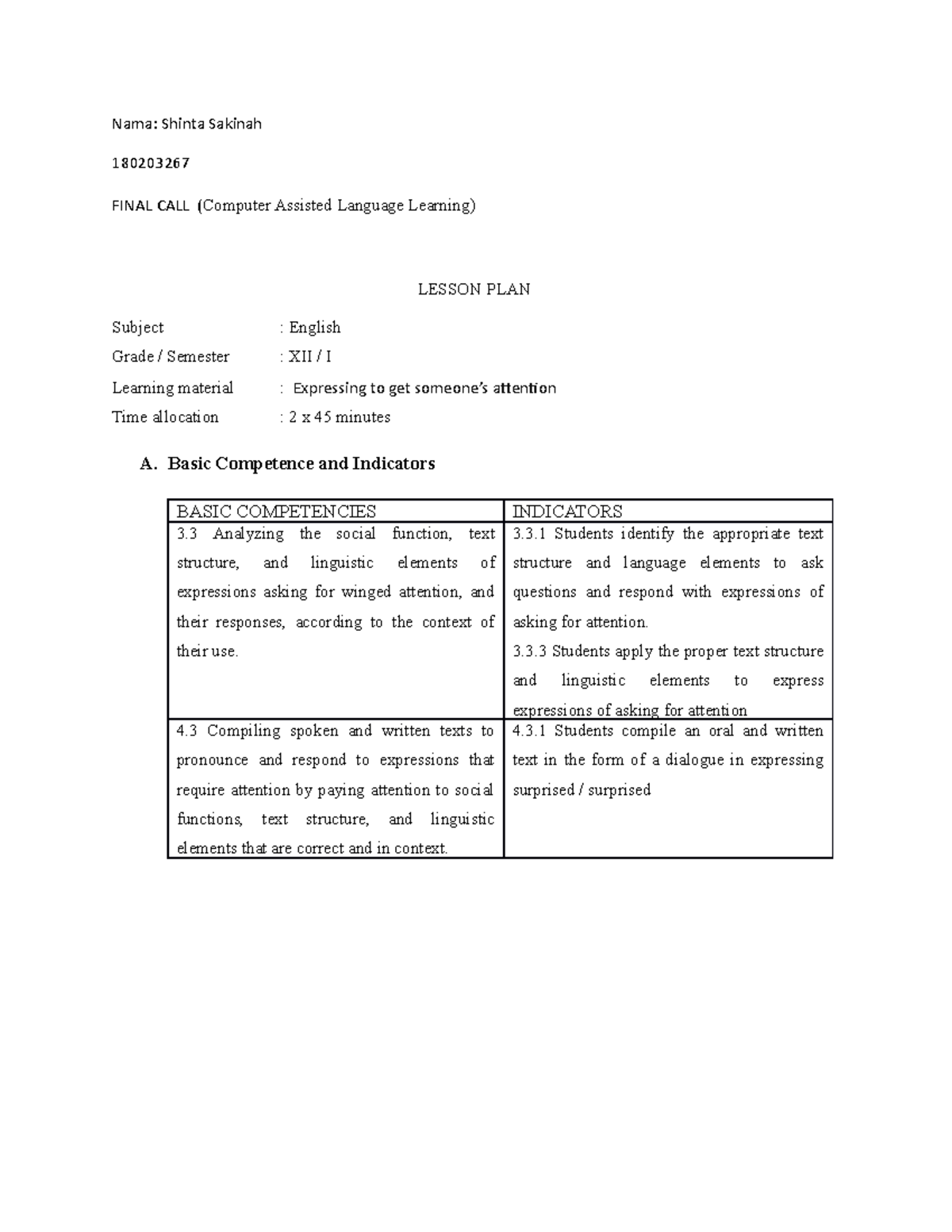 lesson plan in call - Nama: Shinta Sakinah 180203267 FINAL CALL ...