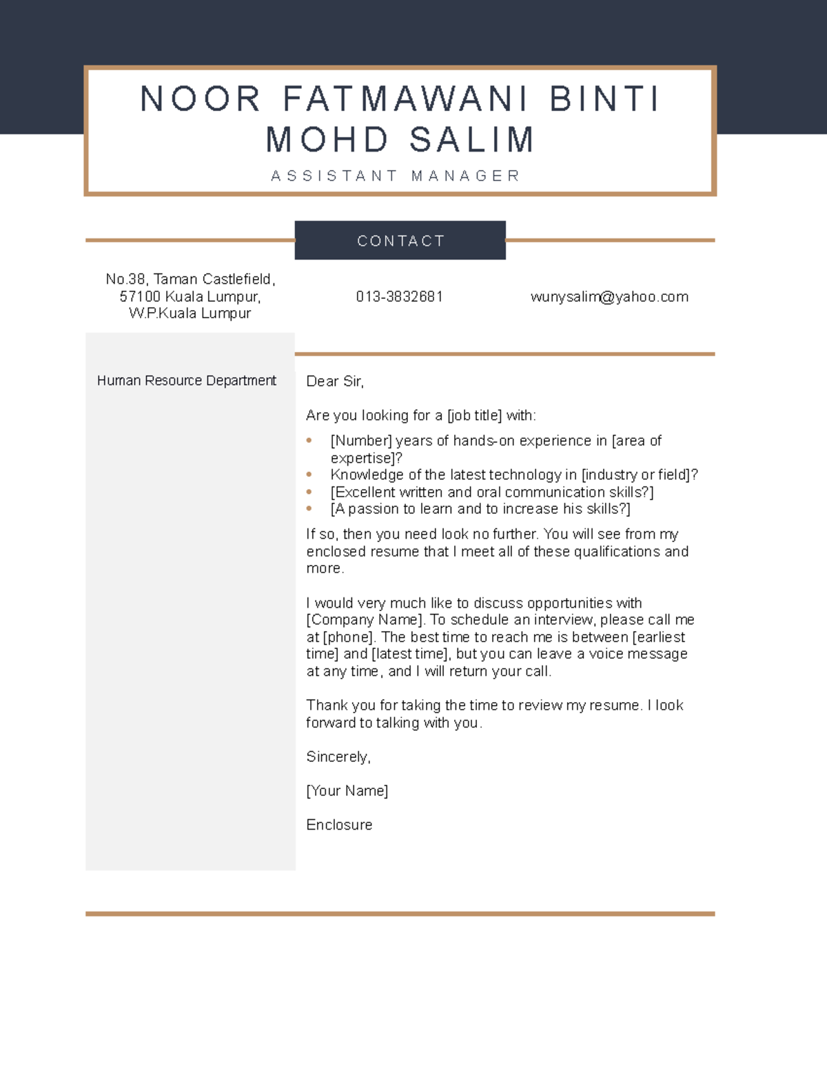 Assignment Cover Letter WANI - N O O R F A T M A W A N I B I N T I M O ...