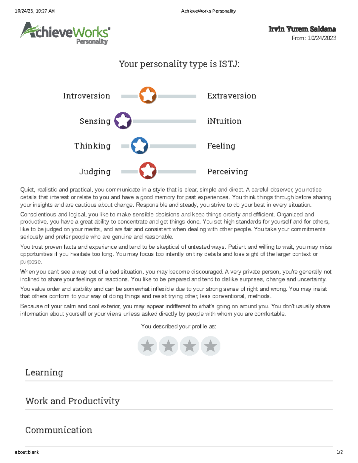 Achieve Works Personality - 10/24/23, 10:27 AM AchieveWorks Personality ...