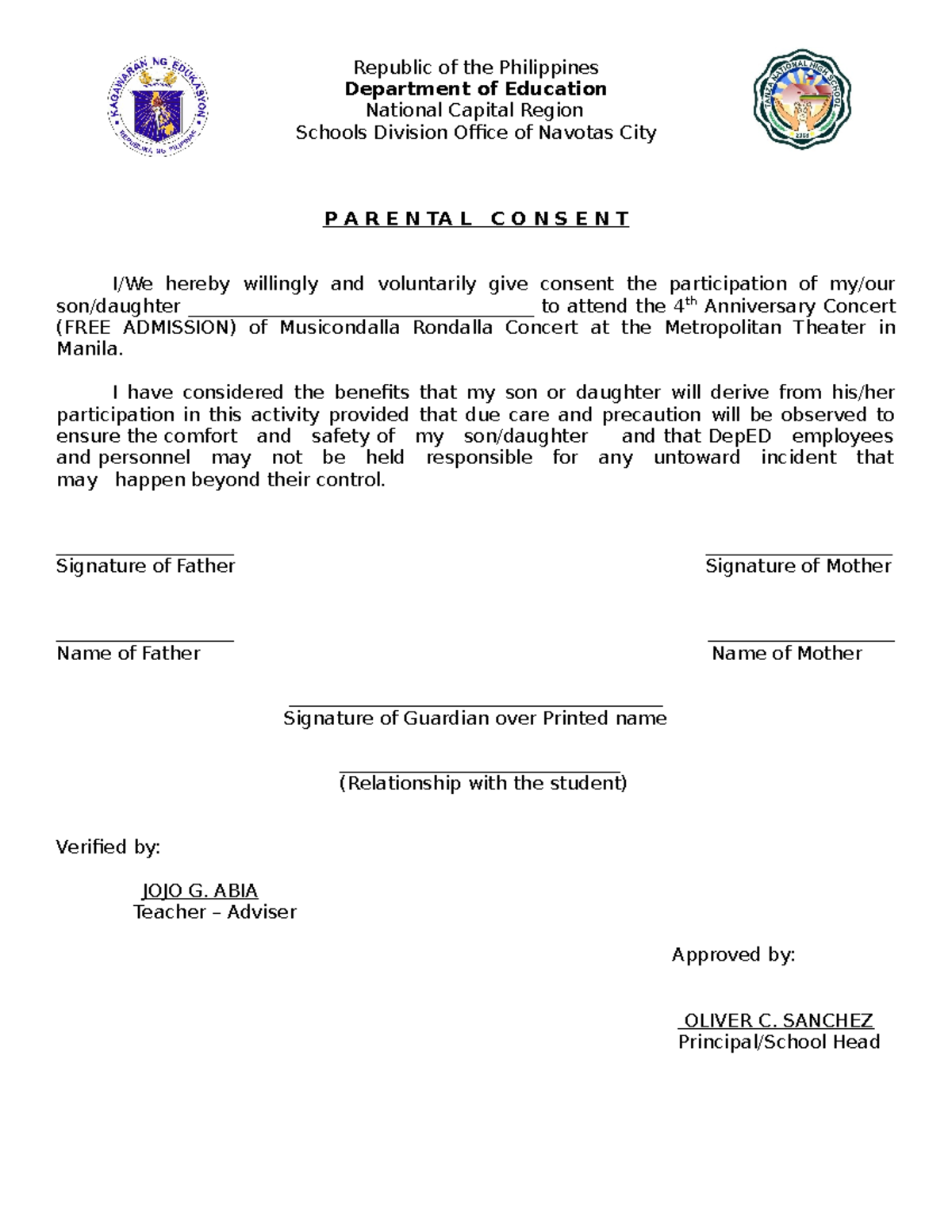 Parents Consent - Template - Republic of the Philippines Department of ...