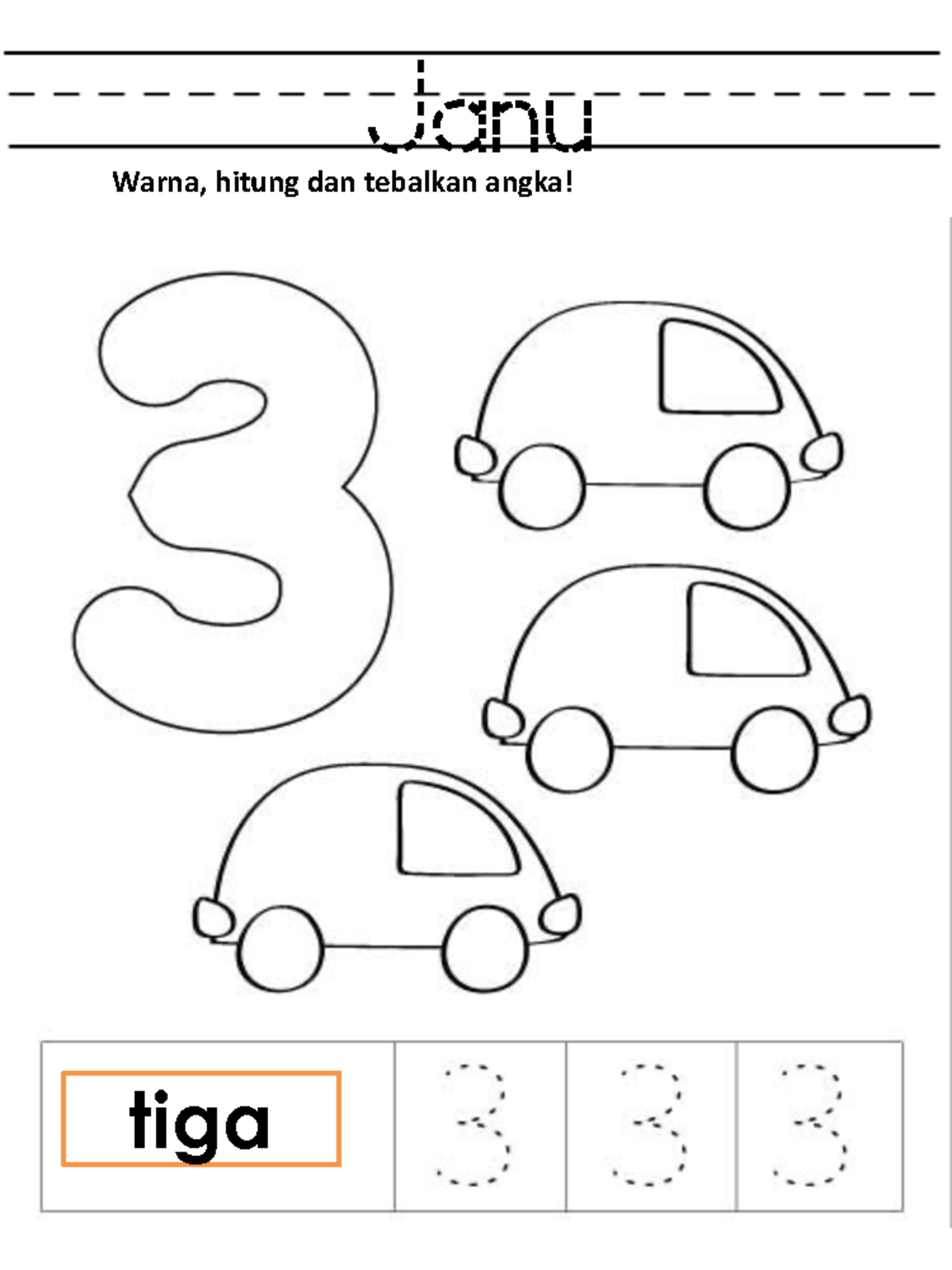 1. worksheet puzzle - Warna, hitung dan tebalkan angka! tiga Janu ...