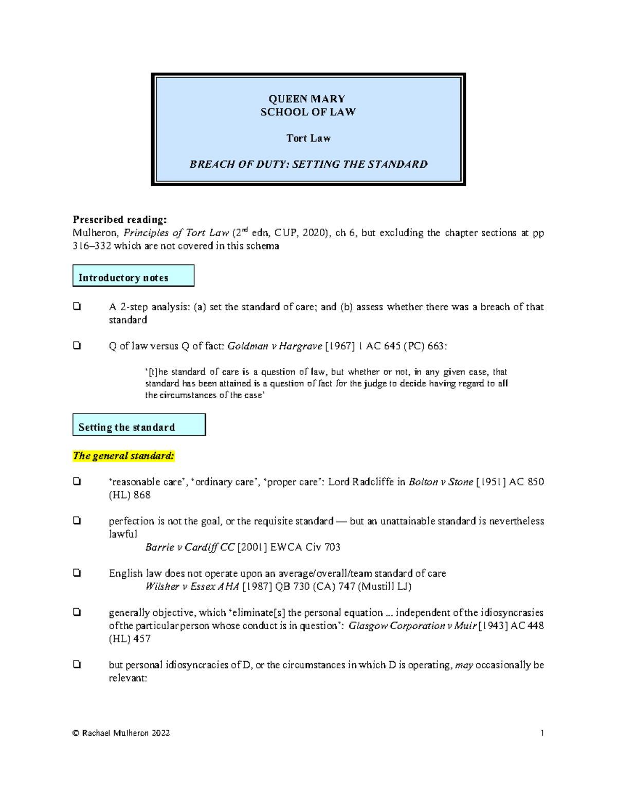 Setting the standard lecture schema - SCHOOL OF LAWQUEEN MARY Tort Law ...
