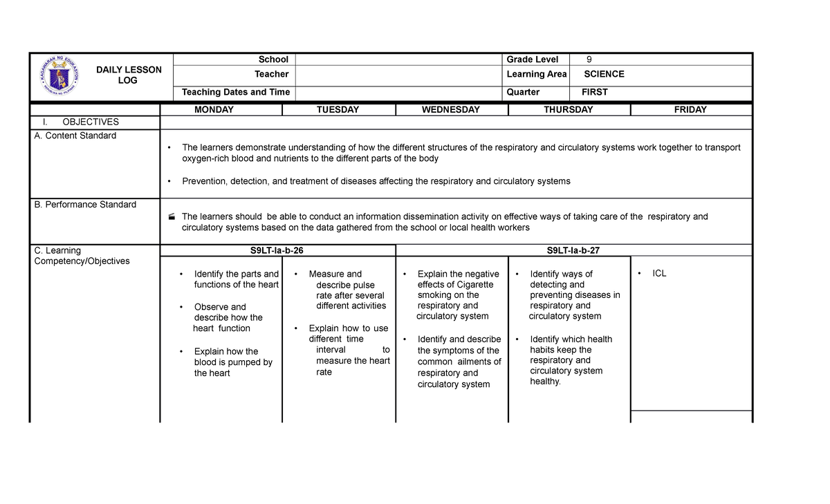 Science Q1 DLL - none - DAILY LESSON LOG School Grade Level 9 Teacher ...