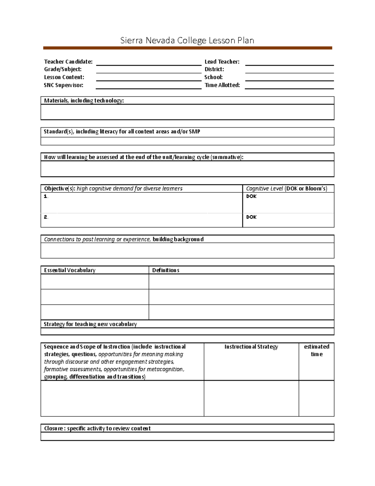 College Lesson Plan Template PDF - Sierra Nevada College Lesson Plan ...