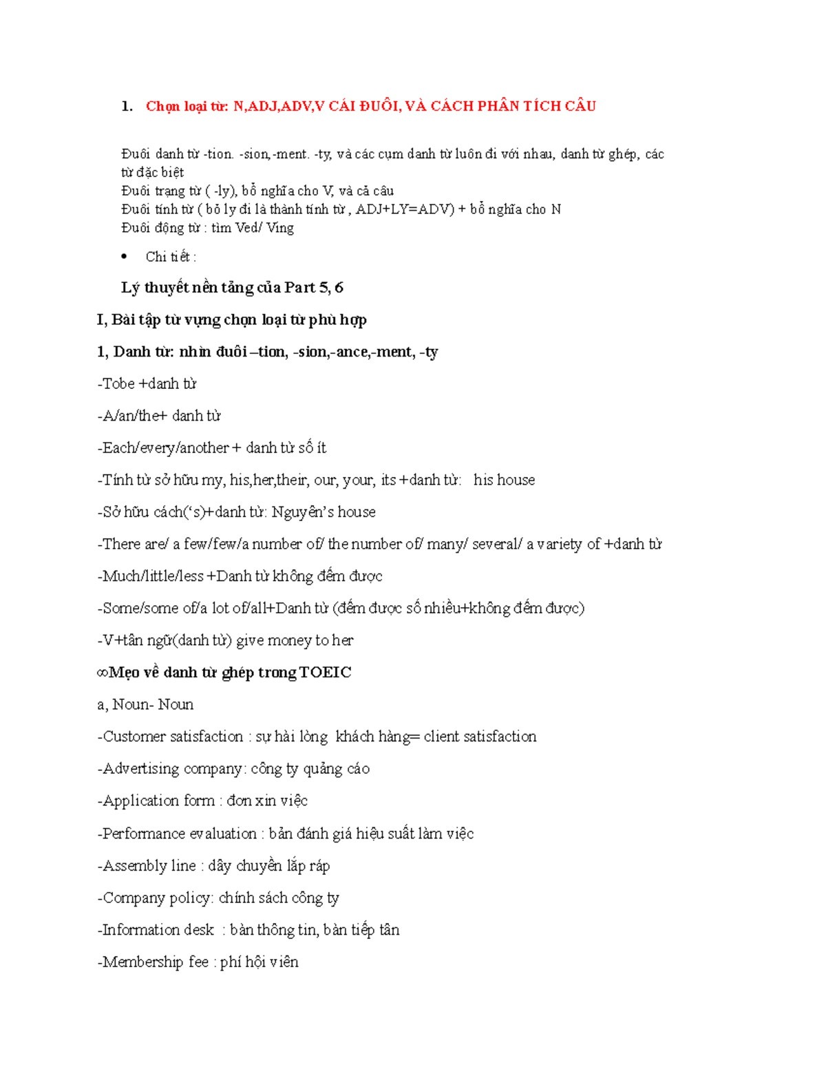 Allen - hjuyefn - 1. Chọn loại từ: N,ADJ,ADV,V CÁI ĐUÔI, VÀ CÁCH PHÂN ...