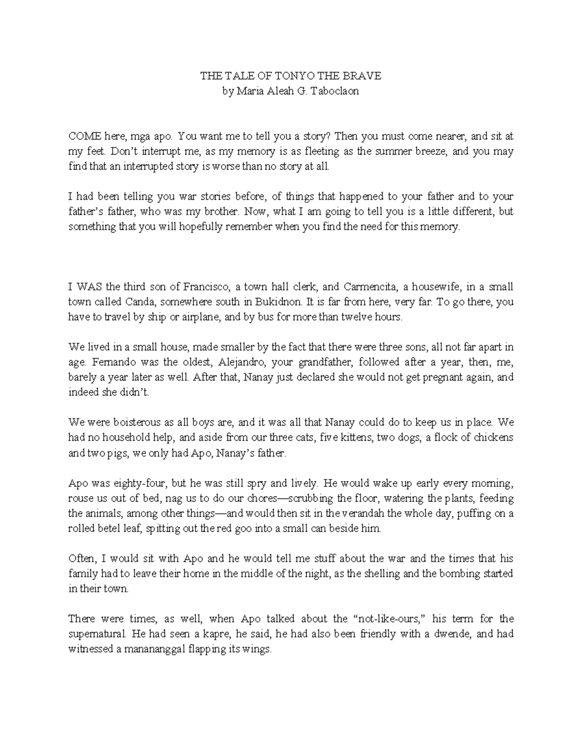 THE TALE OF Tonyo THE Brave - THE TALE OF TONYO THE BRAVE by Maria ...