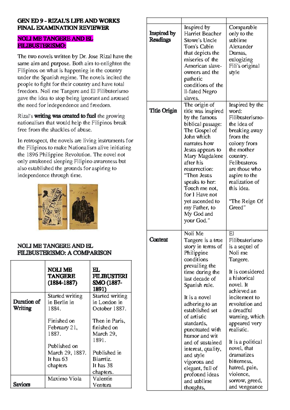 Gen Ed 9 Final Examination Reviewer - GEN ED 9 - RIZAL’S LIFE AND WORKS ...