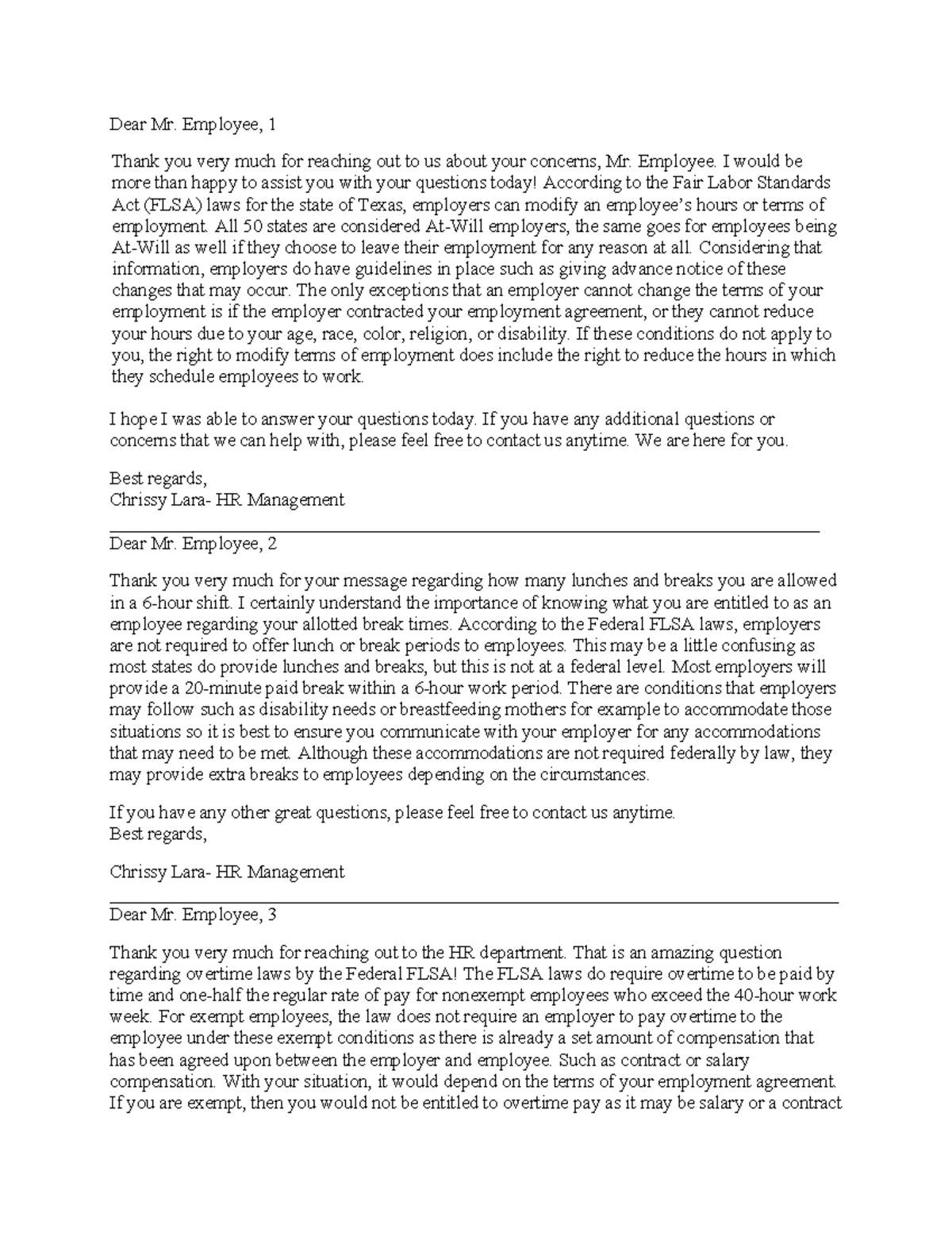 HRM 225-Module 2 HR inbox - Dear Mr. Employee, 1 Thank you very much ...