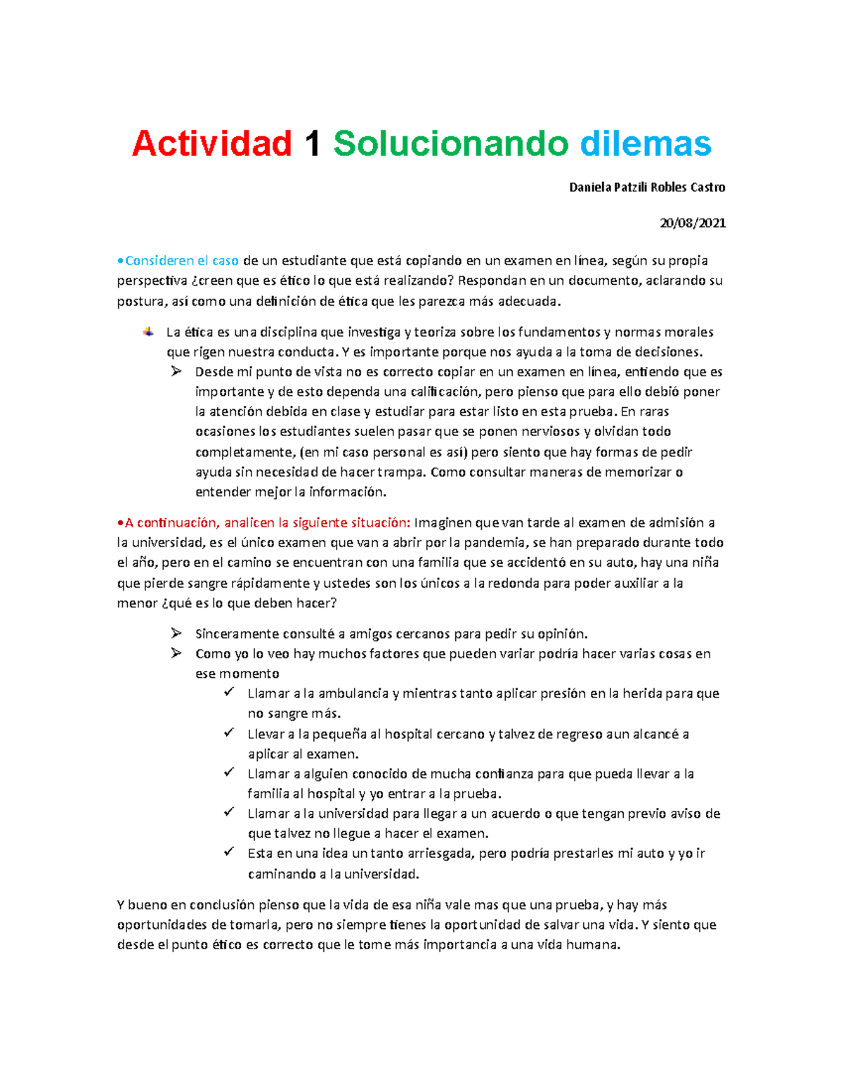 Actividad 1 - solucionando dilemas - Daniela Patzili Robles Castro 20 ...