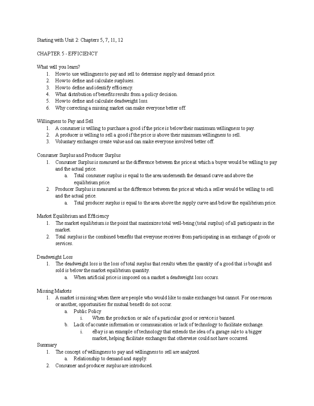 UNIT 2 Microeconomics Outline - Starting with Unit 2: Chapters 5, 7, 11 ...