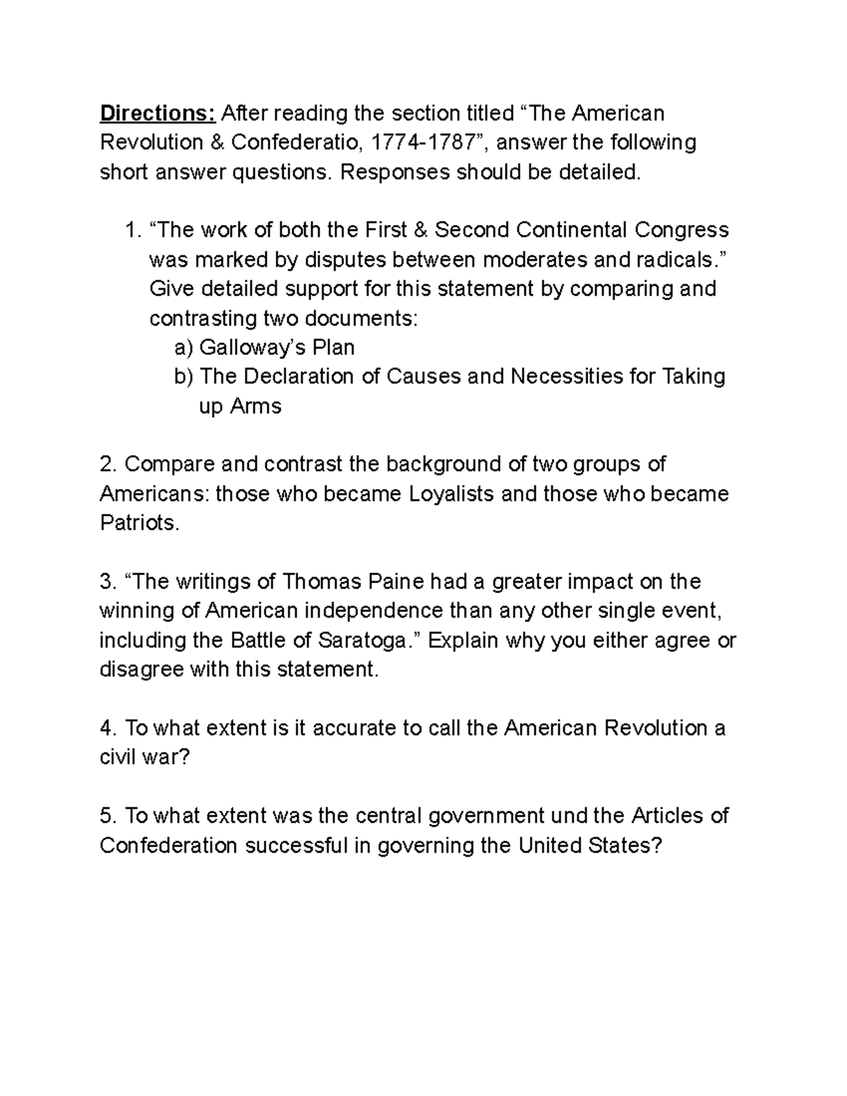 American Revolution Confederation - Directions: After reading the ...