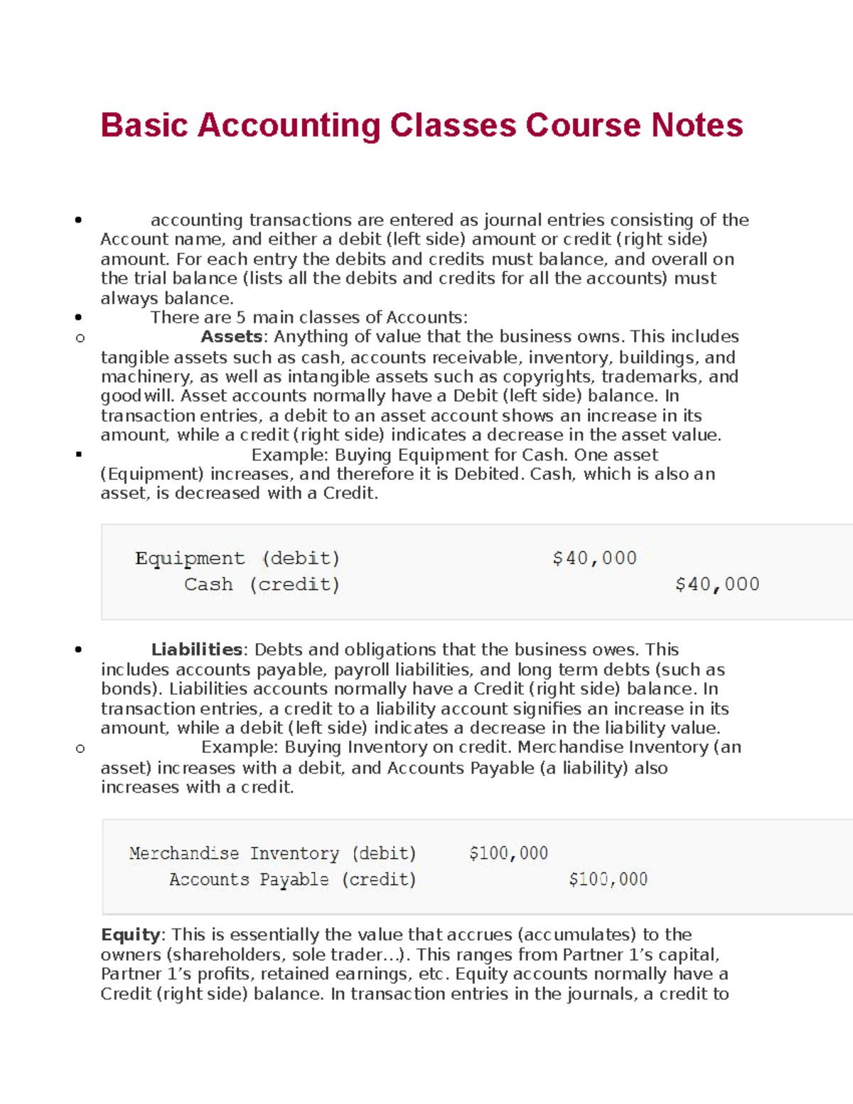 Basic Accounting Principles - Basic Accounting Classes Course Notes ...