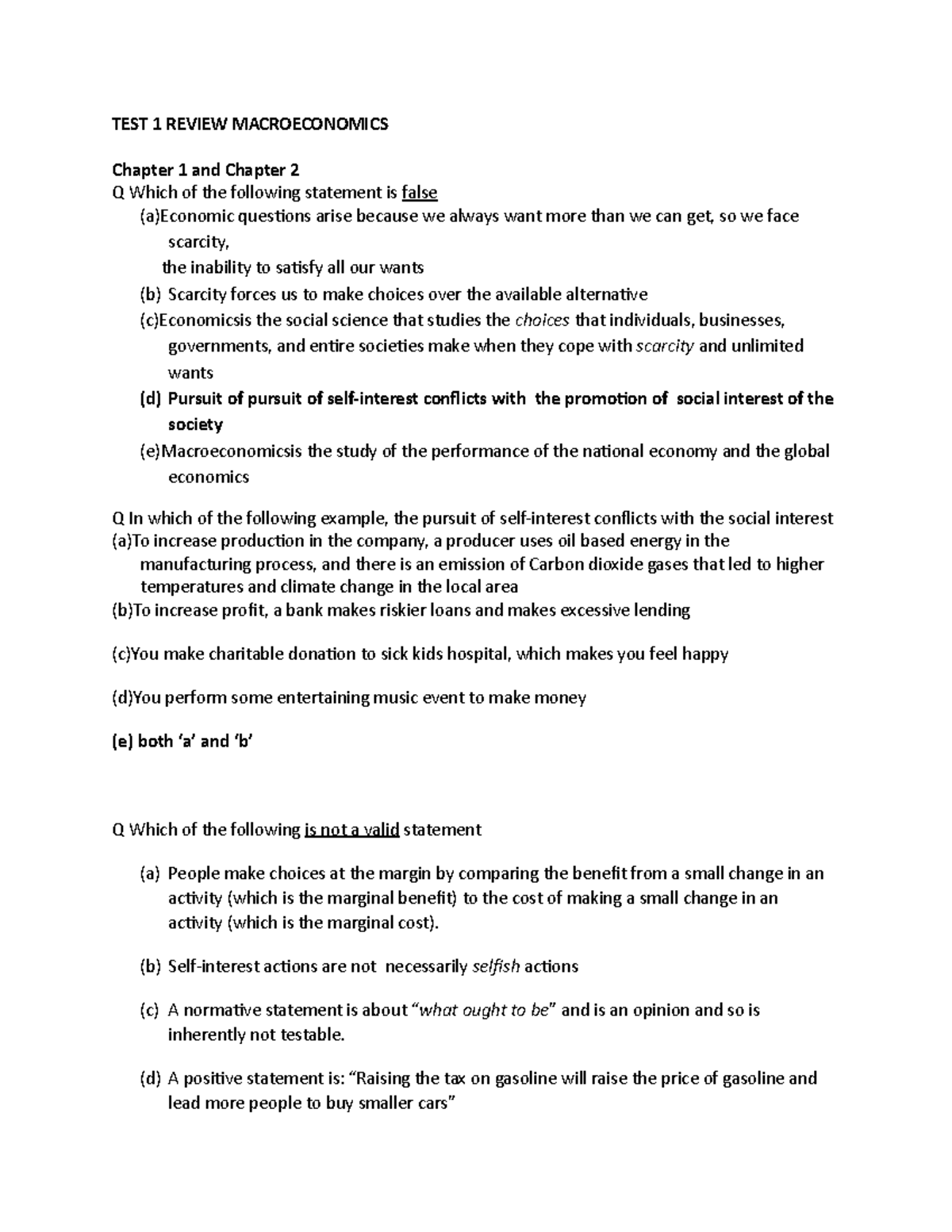 Test 1 Review Questions - Macro - TEST 1 REVIEW MACROECONOMICS Chapter ...
