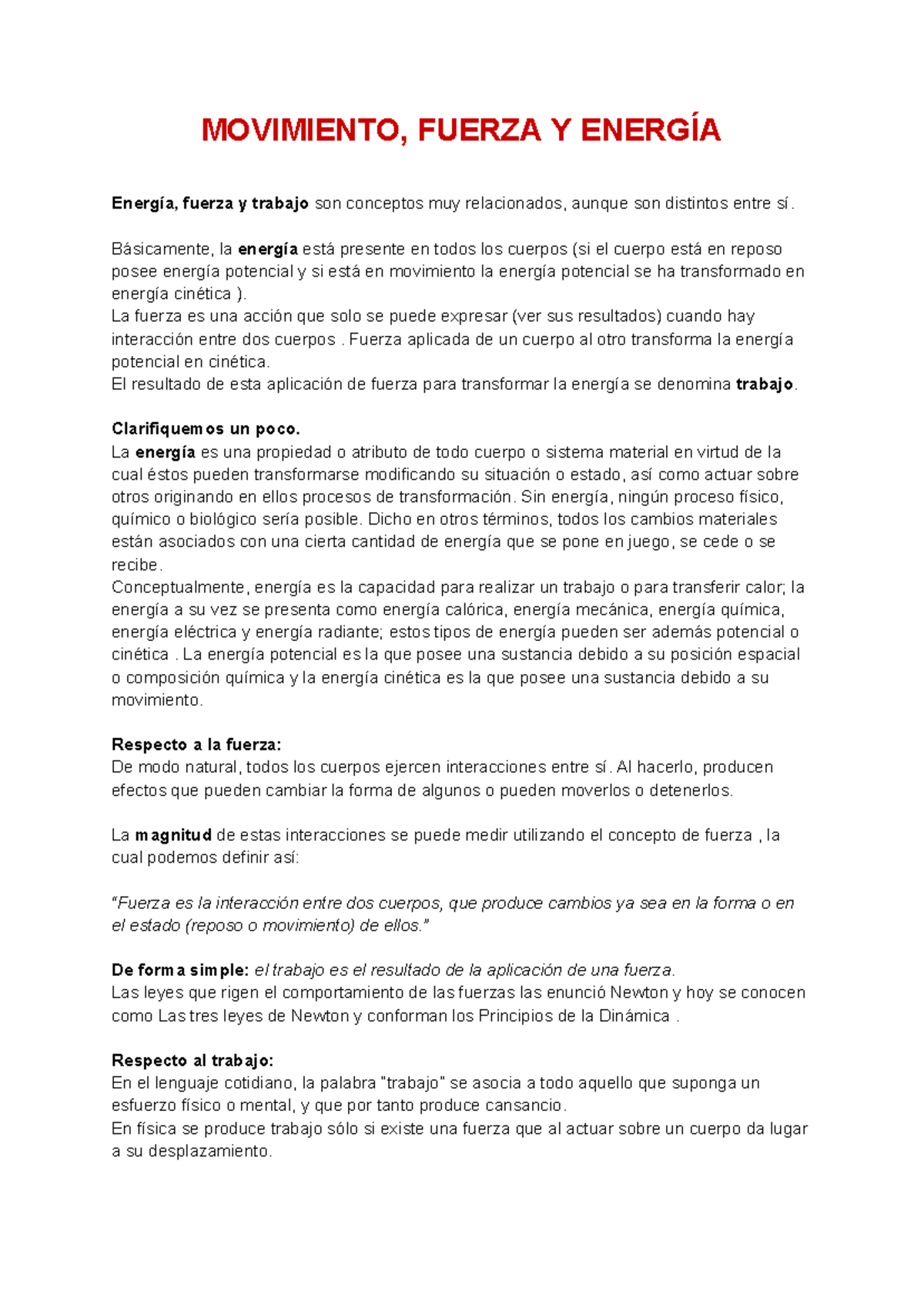 Movimiento, Fuerza Y Energía - MOVIMIENTO, FUERZA Y ENERGÍA Energía ...