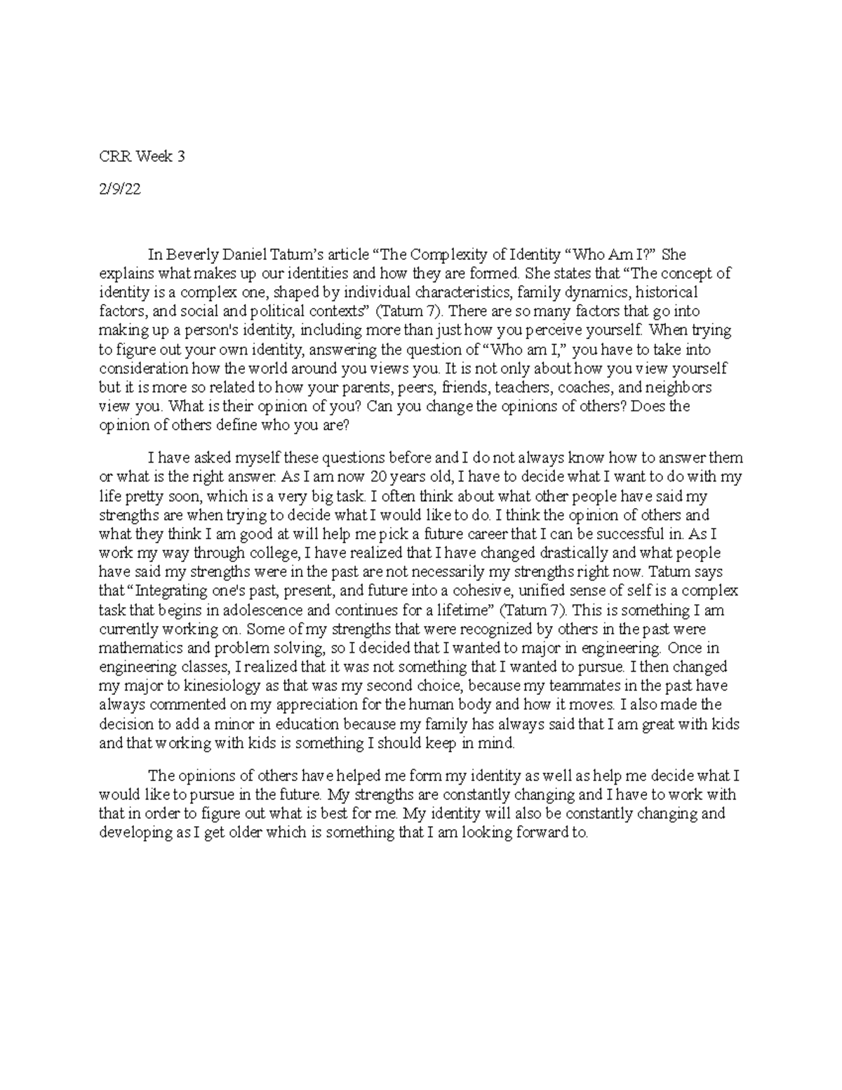 CRR week 3 - Critical Reading Response for Education 210. Includes ...