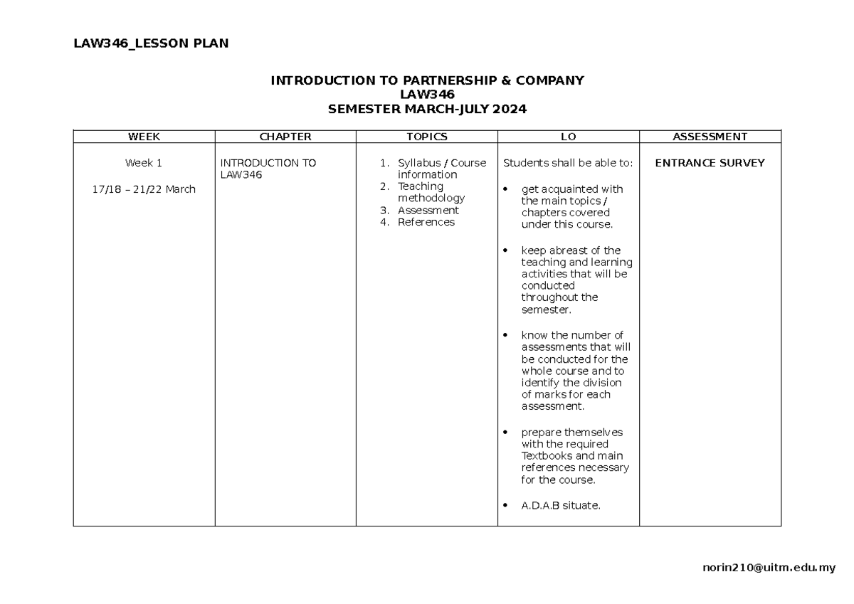 RP Lesson PLAN LAW346 MAC-JULY 2024 - INTRODUCTION TO PARTNERSHIP ...