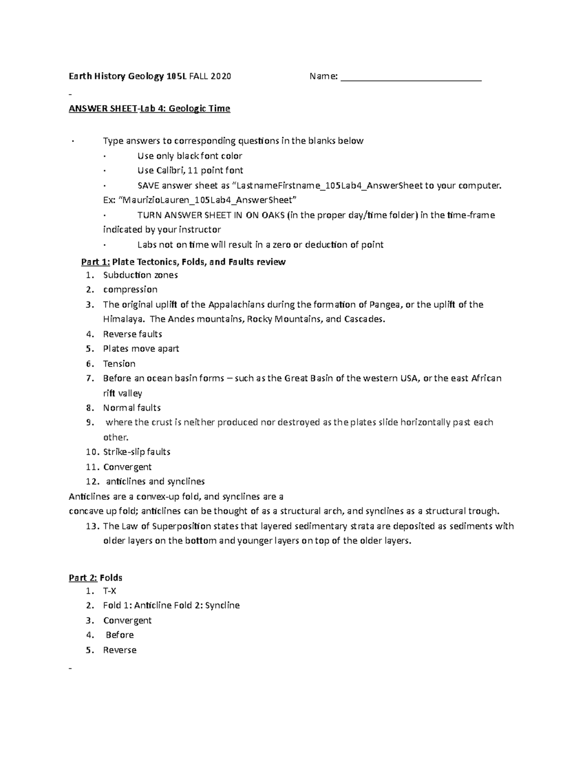 Lab #3 - Lab - Earth History Geology 105L FALL 2020 Name ...