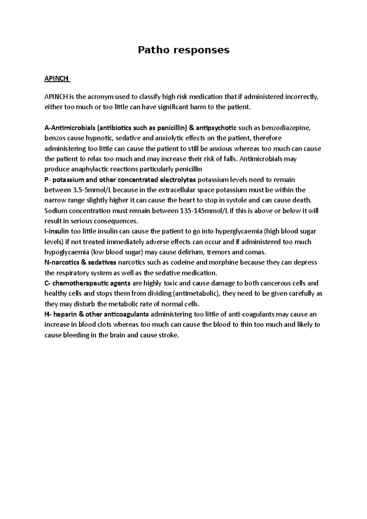 Patho responses - Patho responses APINCH APINCH is the acronym used to ...