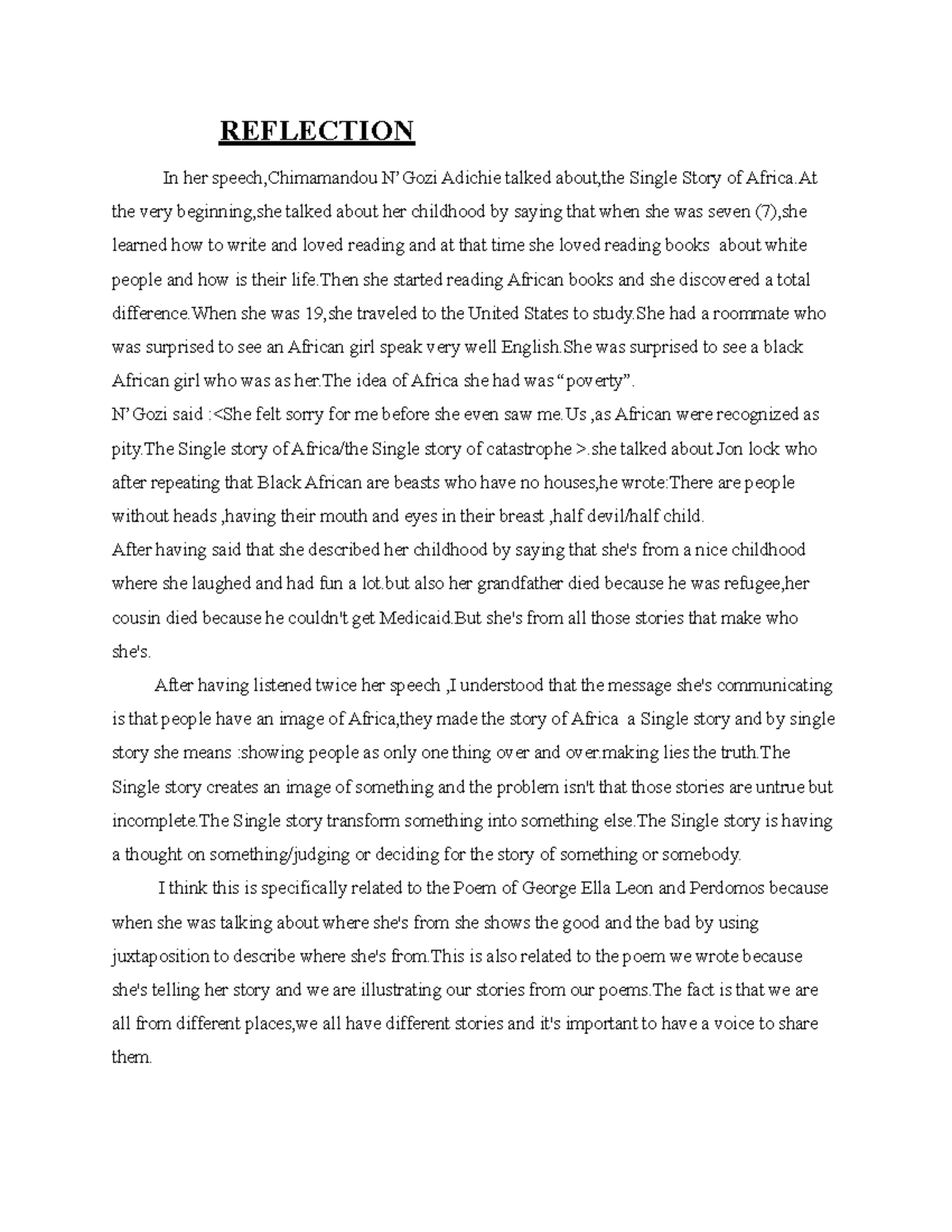 ELA The Single Story reflection - REFLECTION In her speech,Chimamandou ...