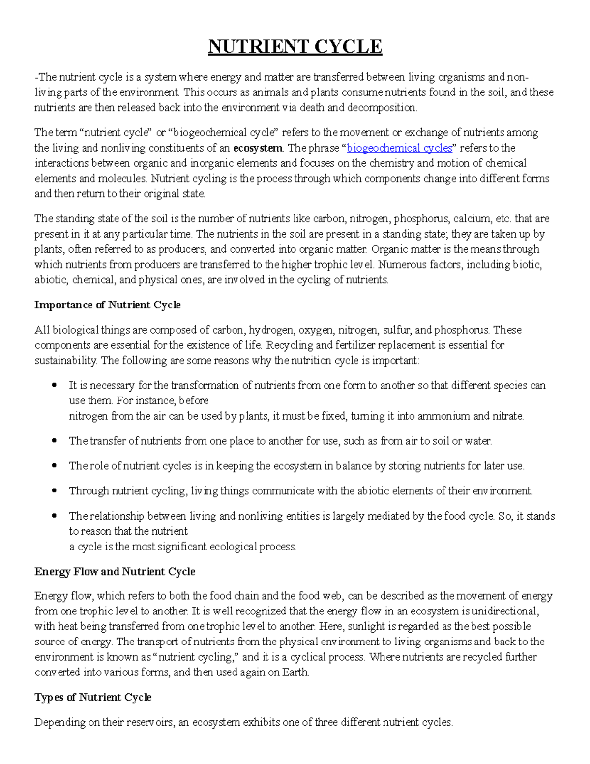 Nutrient Cycle - LECTURE NOTES - NUTRIENT CYCLE -The nutrient cycle is ...