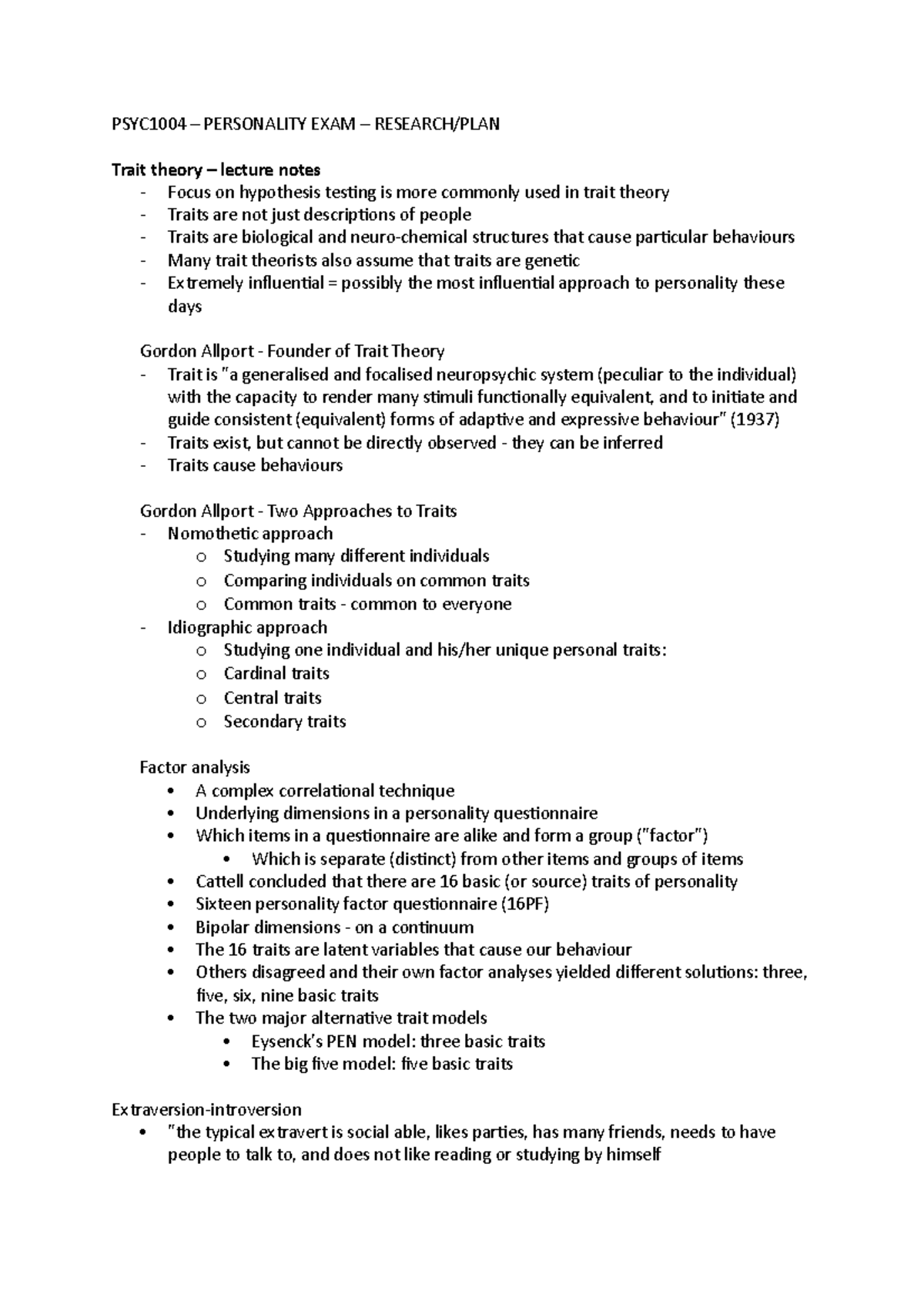 Summary/Plan of Psychology Essay - PSYC1004 – PERSONALITY EXAM ...